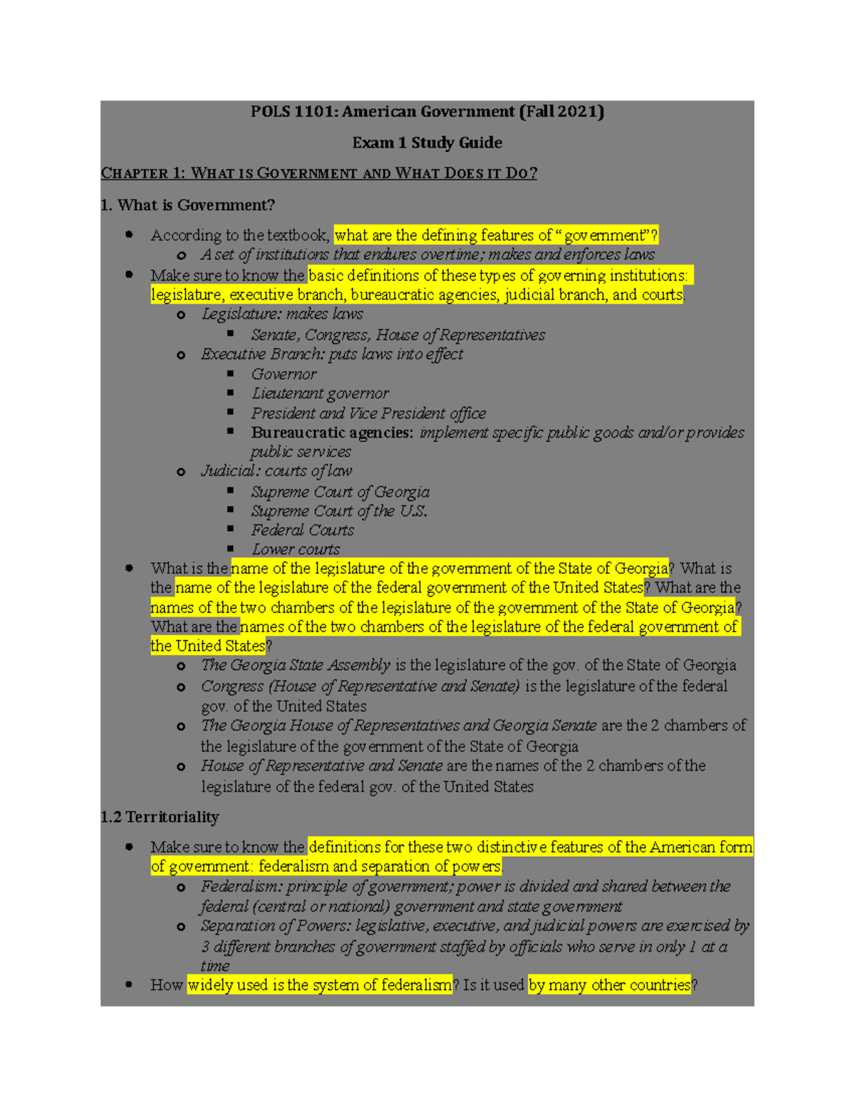 American Government Exam 1 Study Guide - POLS 1101: American Government ...