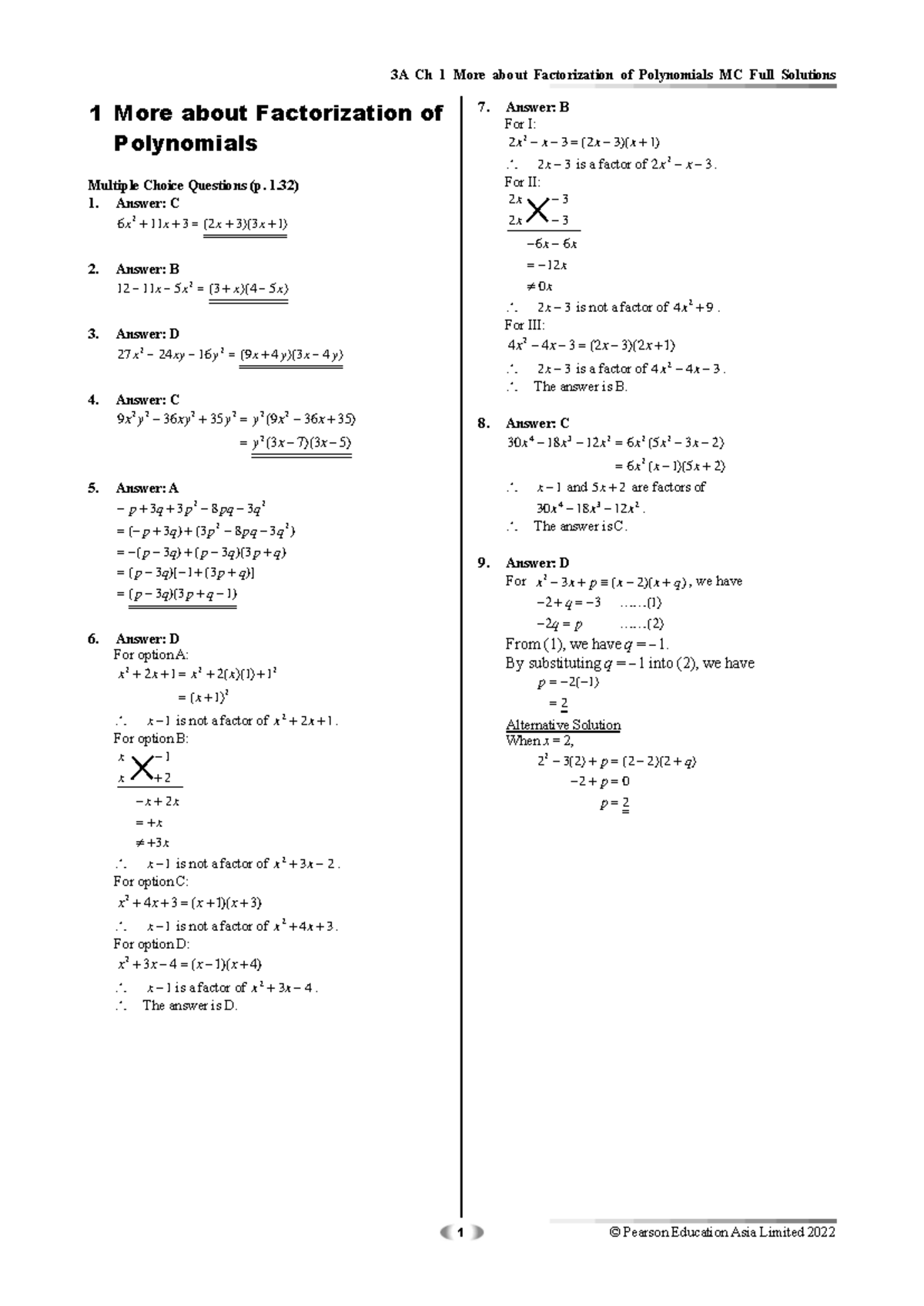 3a Ch 1 Factorization Of Polynomials Mcq Full Solutions Studocu