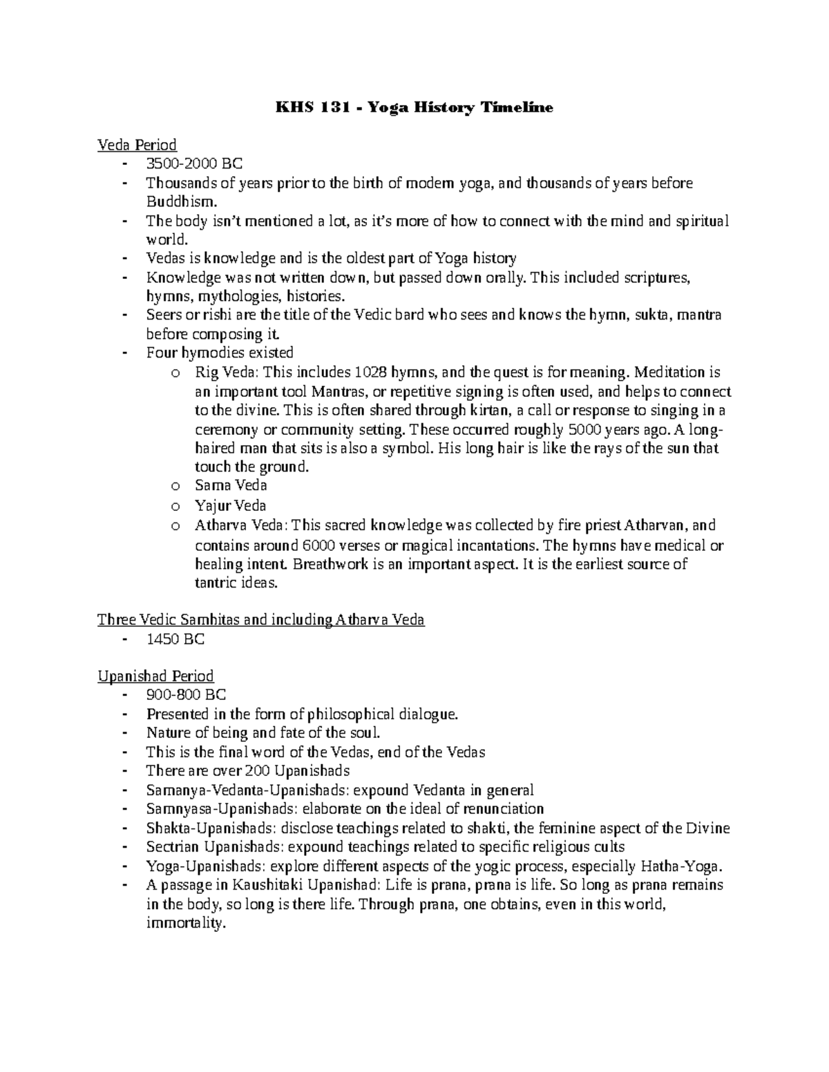 KHS 131 Yoga History Timeline: From Vedas to Modern Practices - Studocu