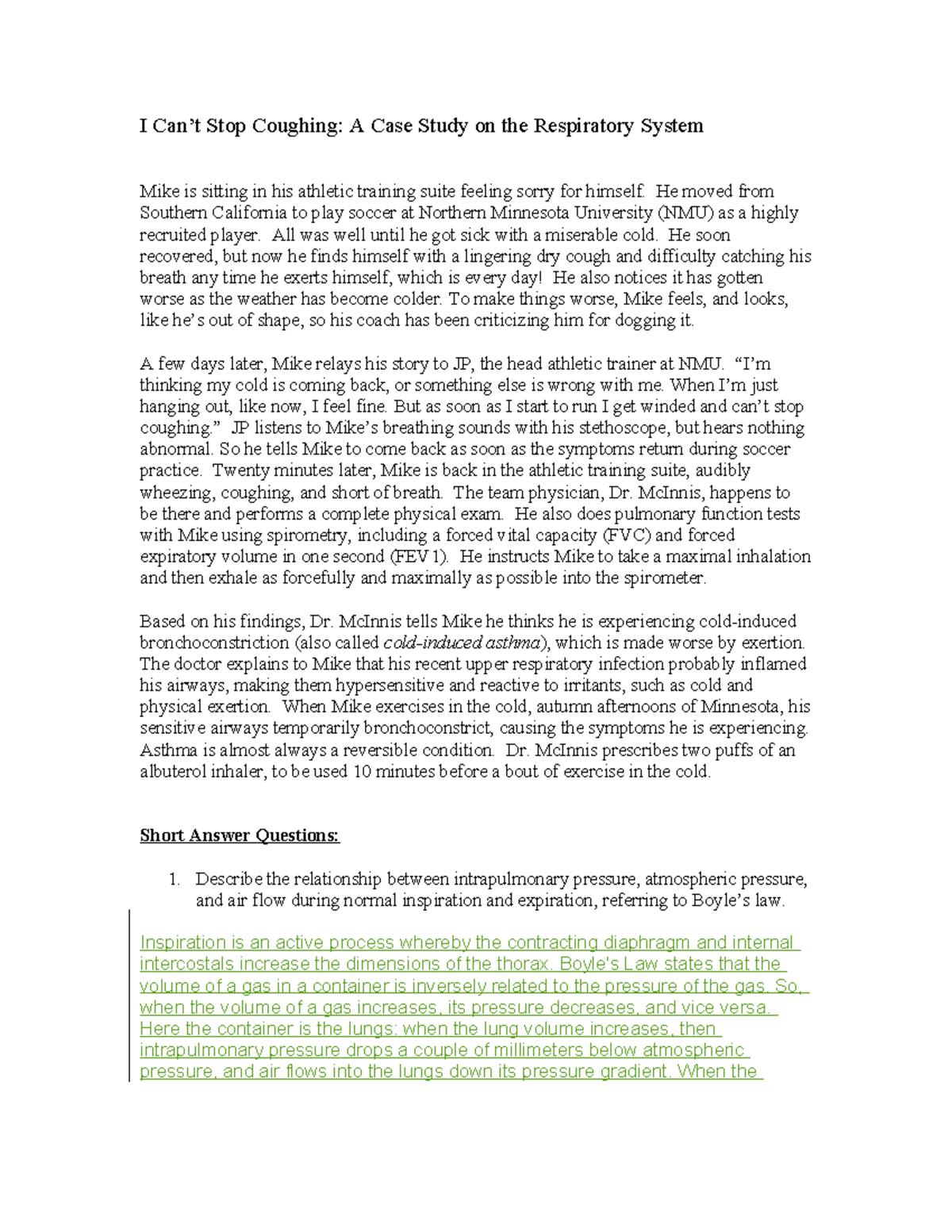 I Can't Stop Coughing: Case Study & Worksheet on Respiratory Health ...