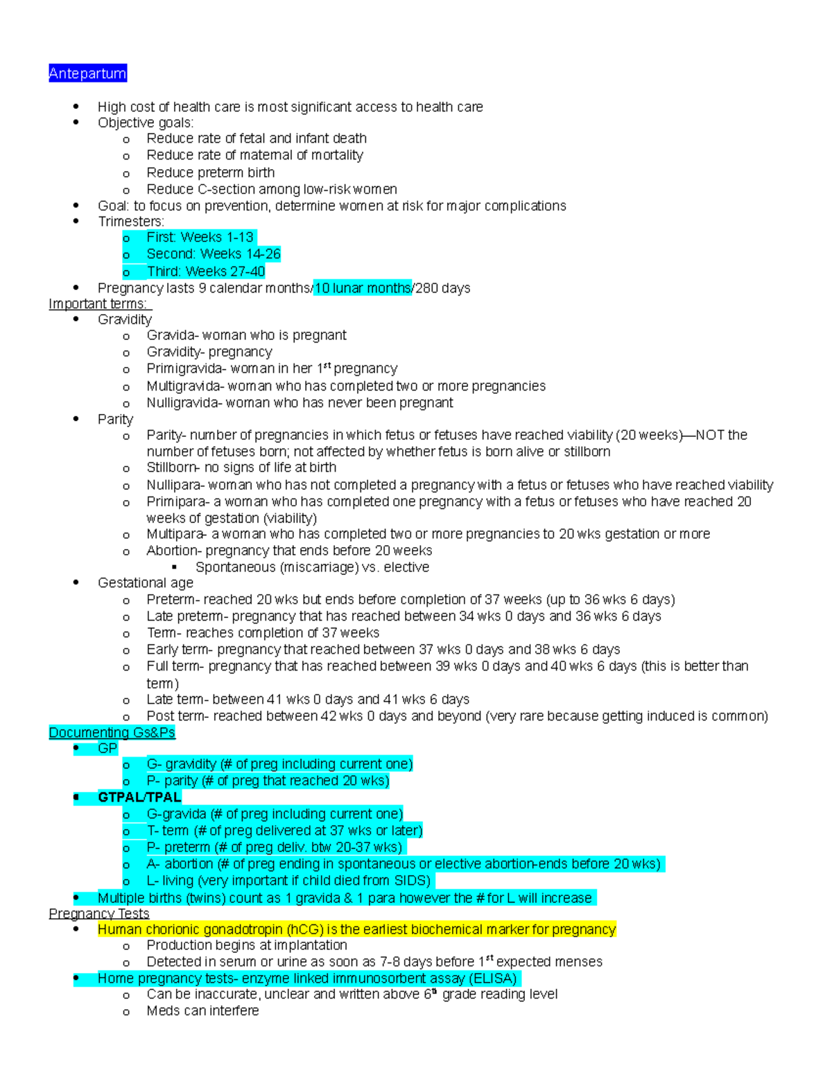 OB 101 - Exam 1 Study Guide: Antepartum & Intrapartum Overview - Studocu