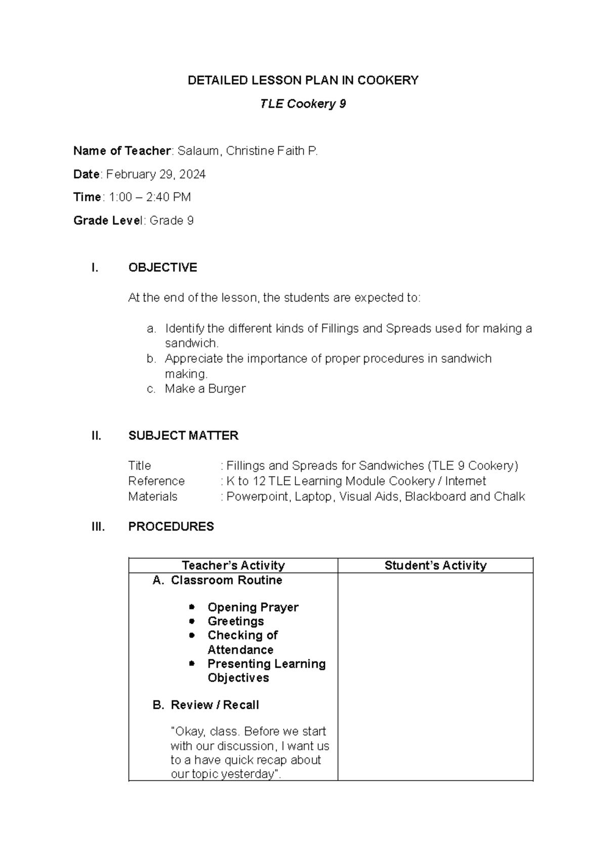 TLE 9 Cookery: Detailed Lesson Plan on Sandwich Fillings & Spreads ...