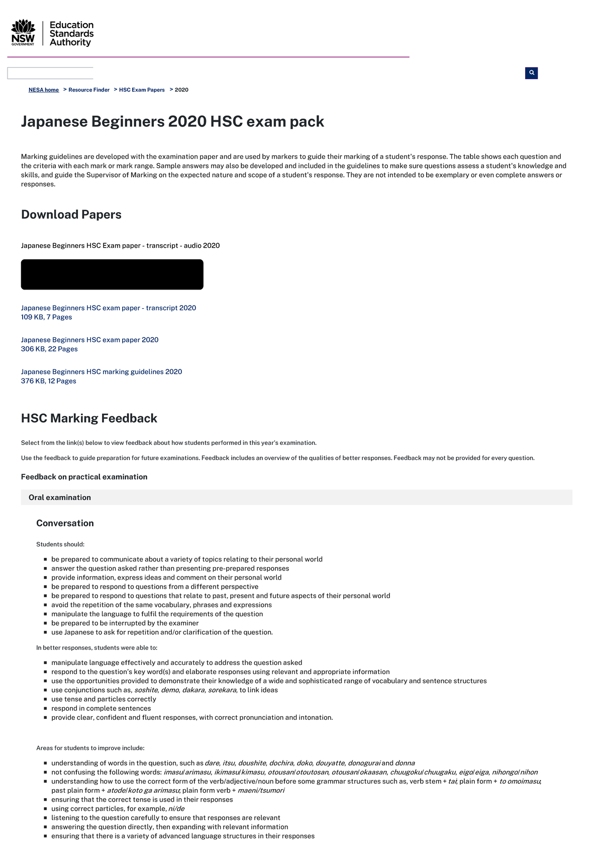 Japanese Beginners 2020 HSC Exam Pack: Marking Guidelines & Feedback ...