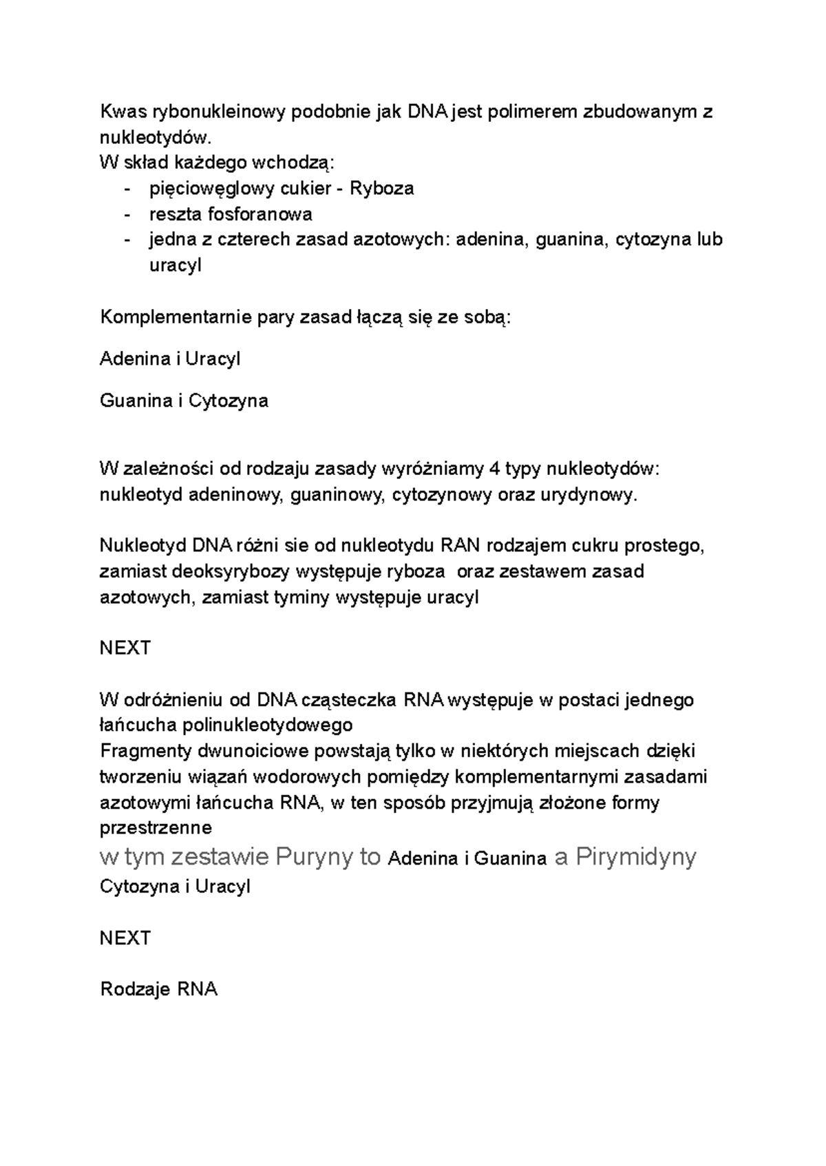 RNA - Struktura, Funkcje i Rodzaje w Genetyce - Studocu