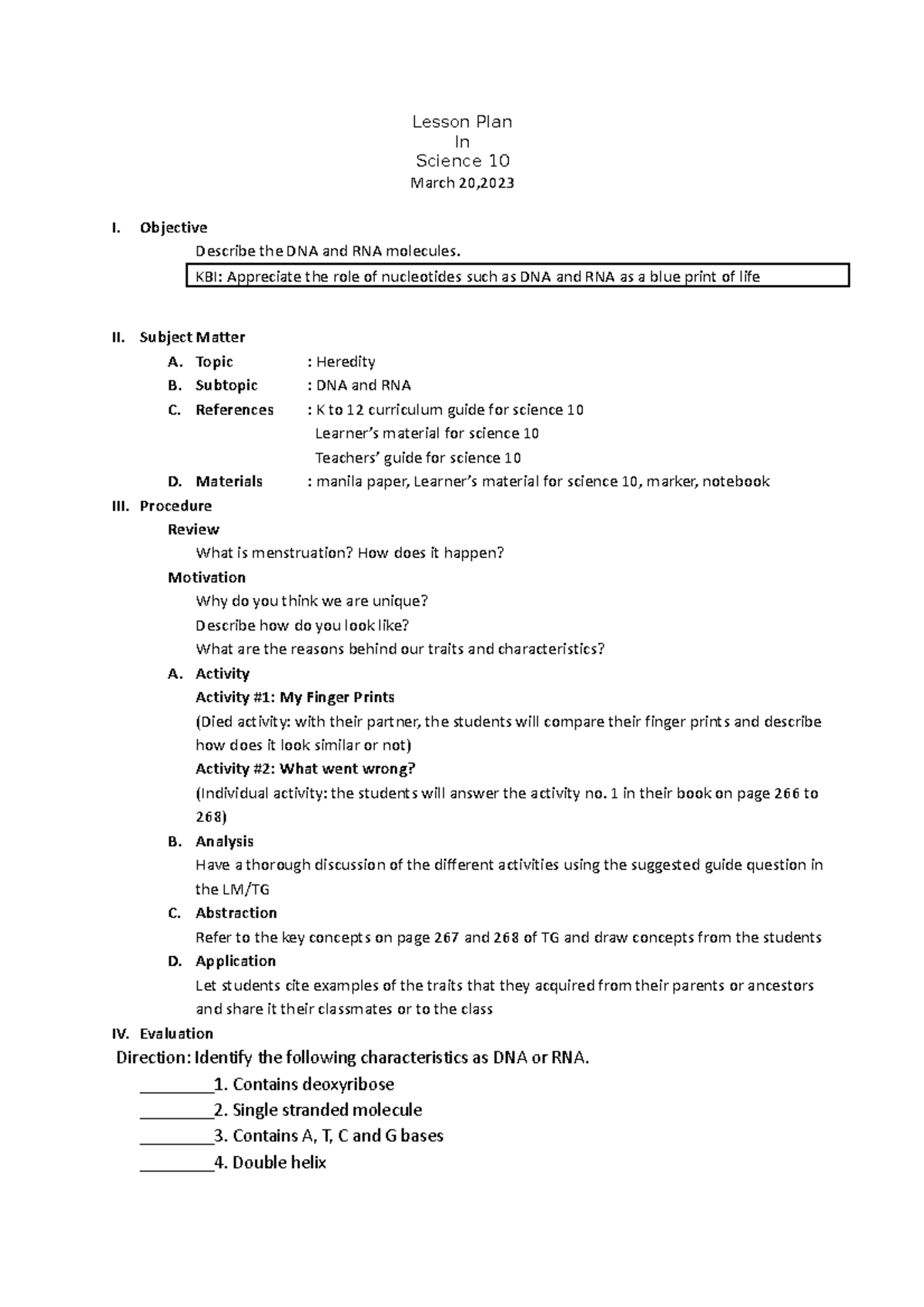 Science 10 - DNA and RNA Lesson Plan for Students - Studocu