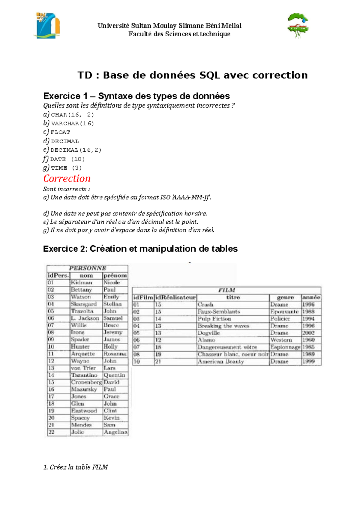 TD sql avec correction - Faculté des Sciences et technique TD : Base de ...
