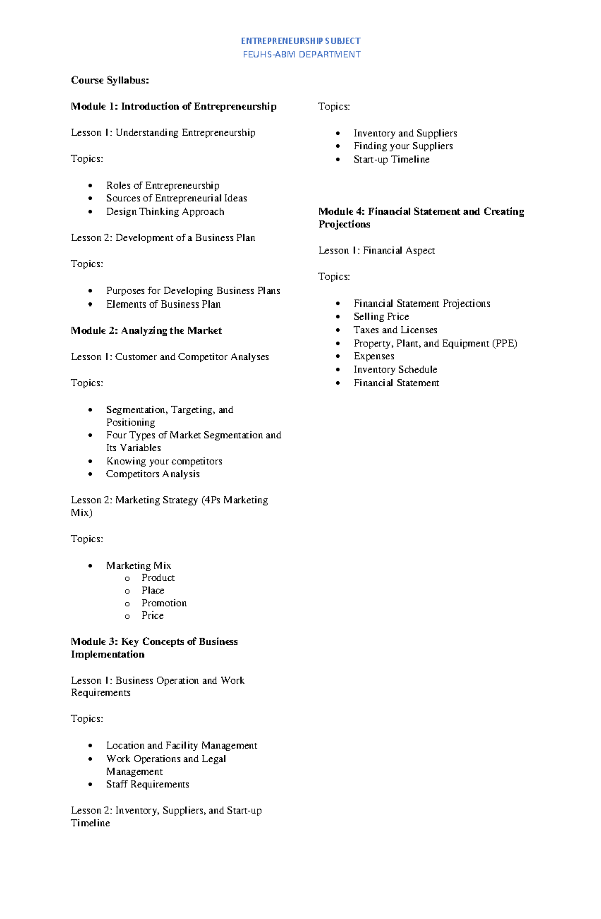 Grade 12 Entrepreneurship Syllabus (FEUHS-ABM Department) - Studocu