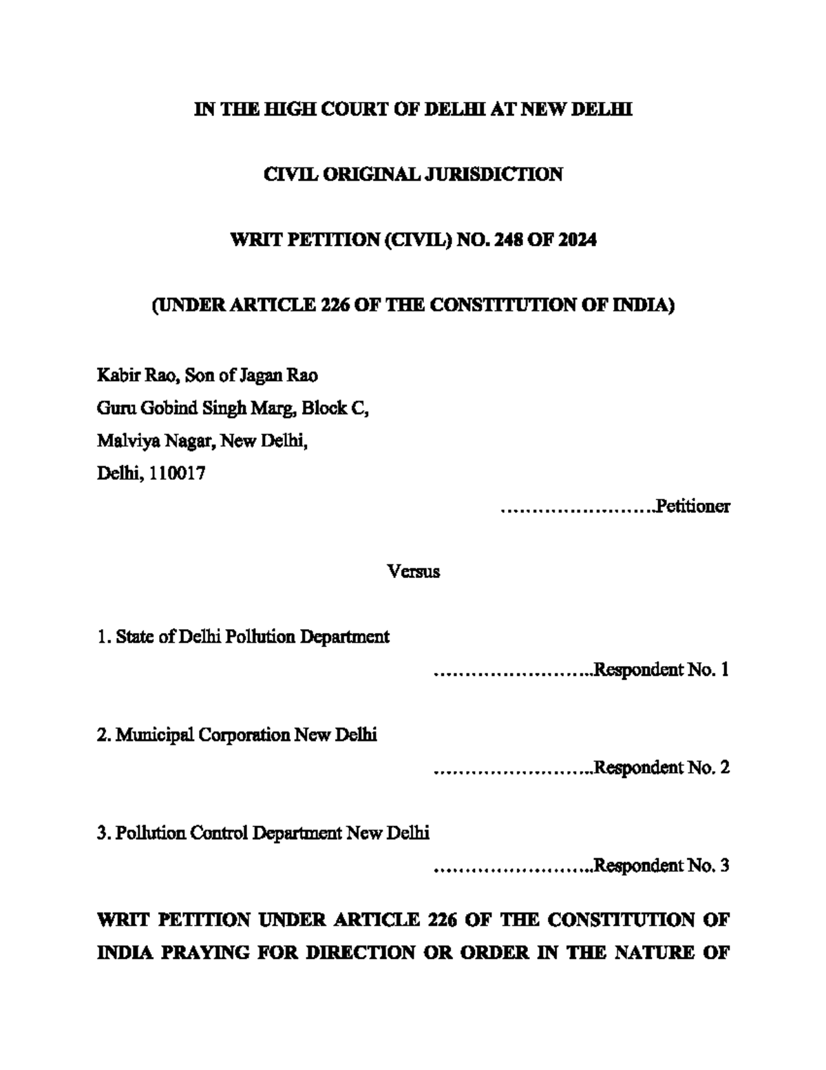 Writ Petition (Civil) No. 248 of 2024: Kabir Rao vs. Pollution Control ...