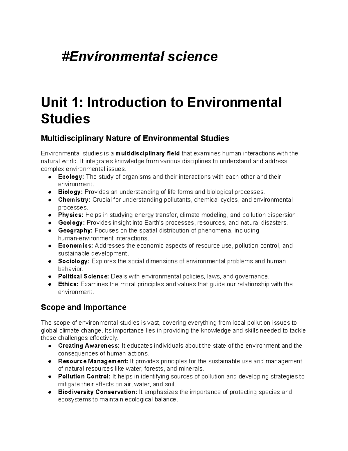 Environmental Science Unit 1: Intro to Environmental Studies - Studocu