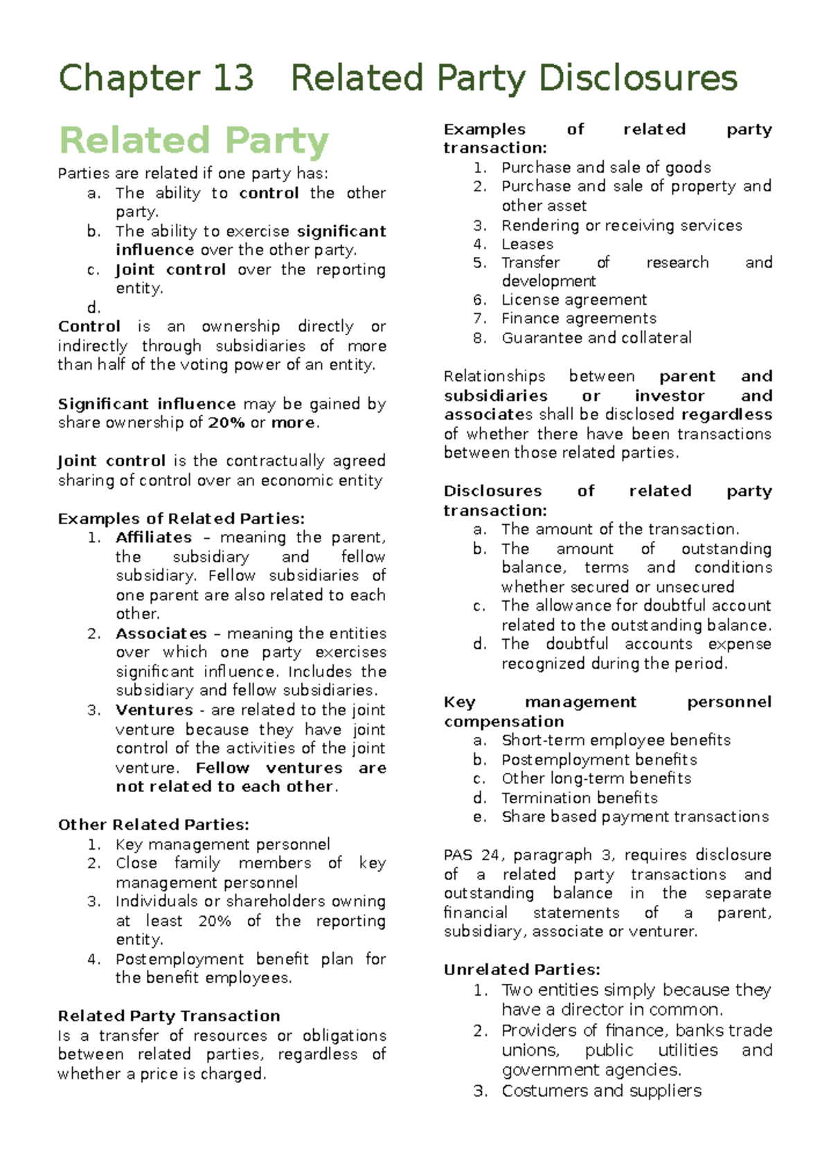 Chapter 13 - Summary of Related Party Disclosures and Transactions ...