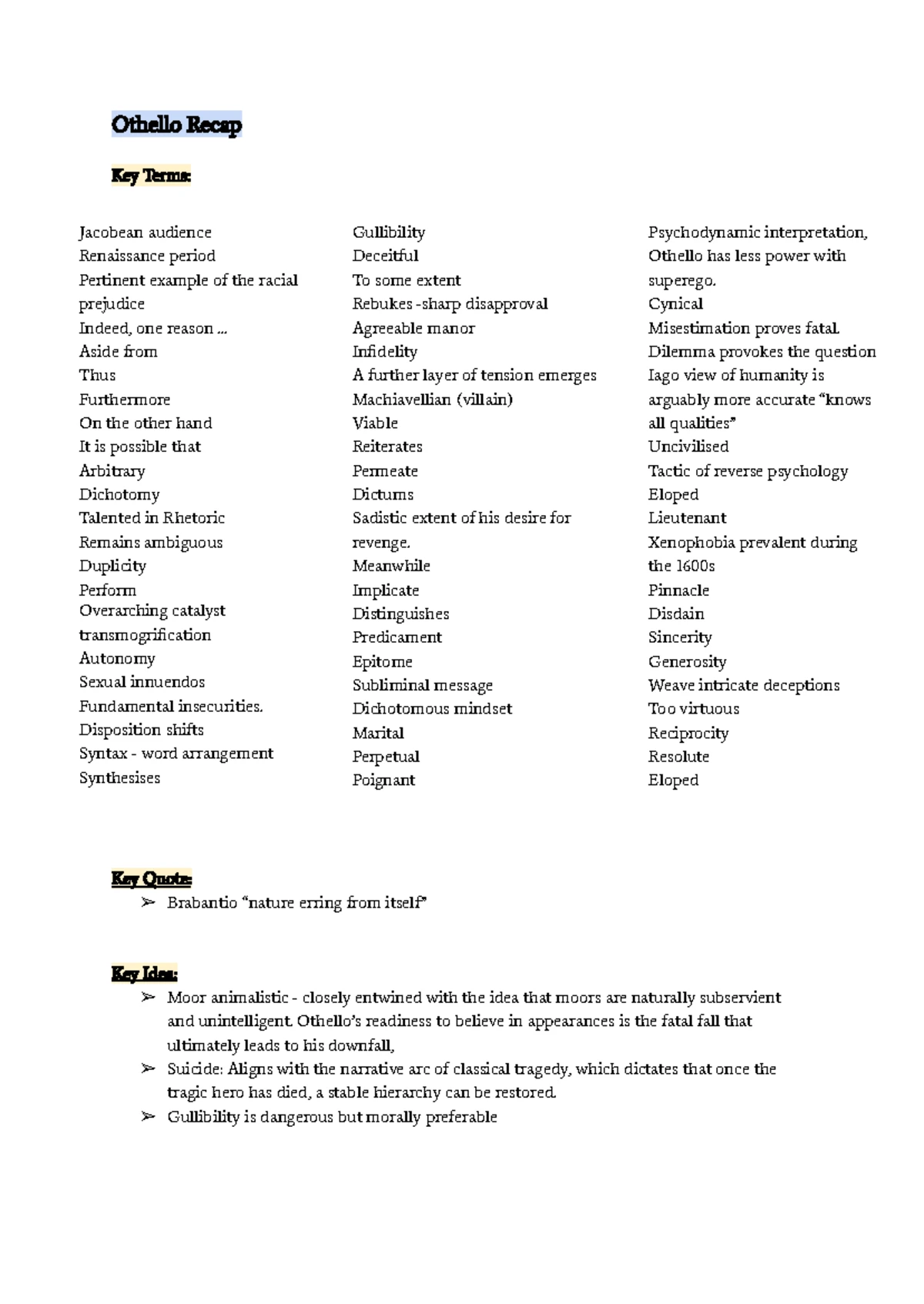 A-Level English Revision - Othello Detailed Study Notes - Studocu