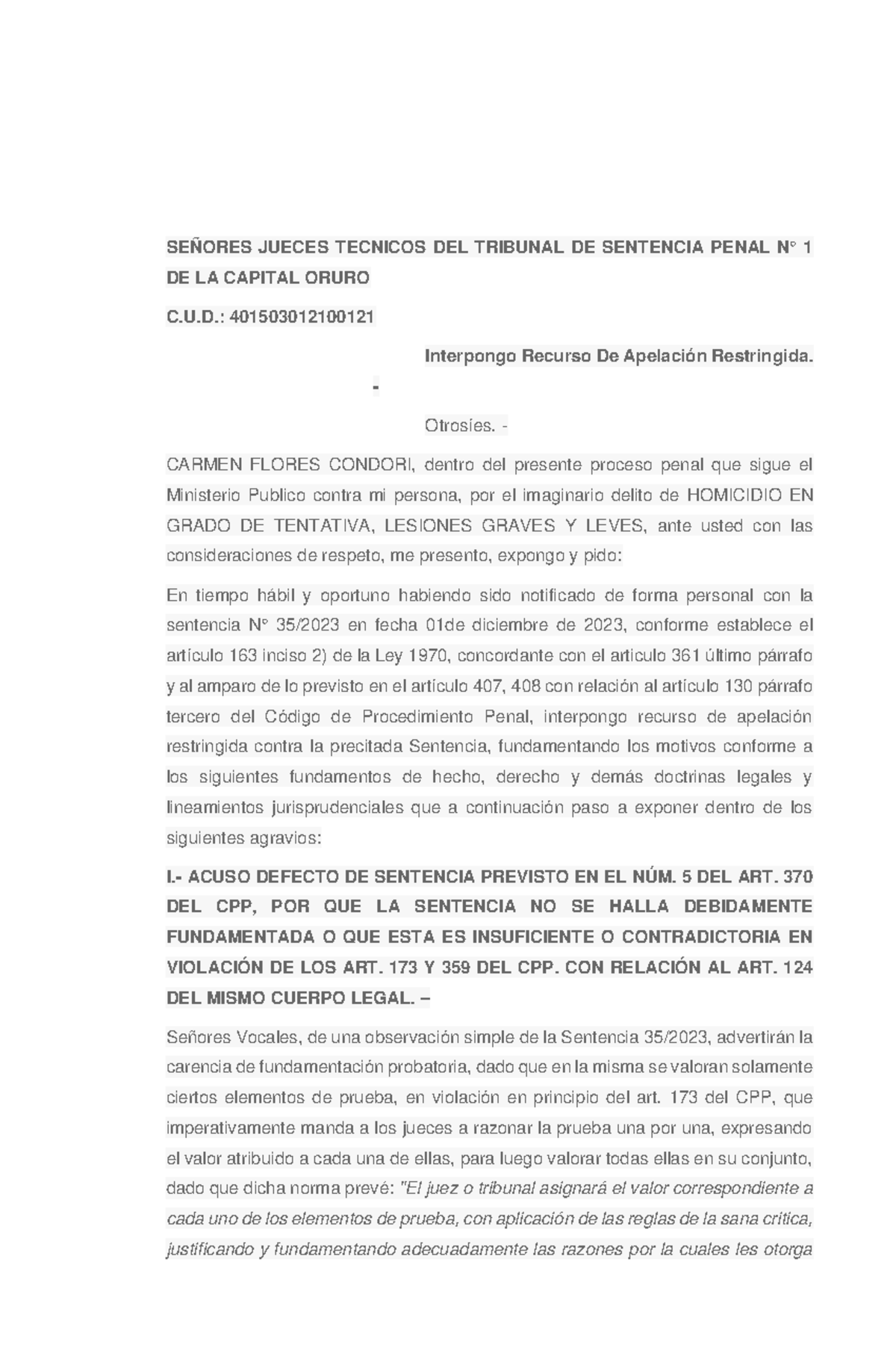 Modelo de Recurso de Apelación Restringida - C.U. 401503012100121 - Studocu