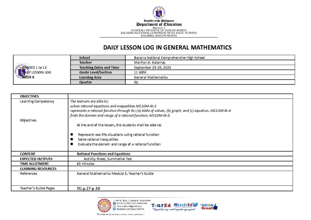 GEN MATH WEEK 6 DLL - DAILY LESSON LOG IN GENERAL MATHEMATICS GRADES 1 ...