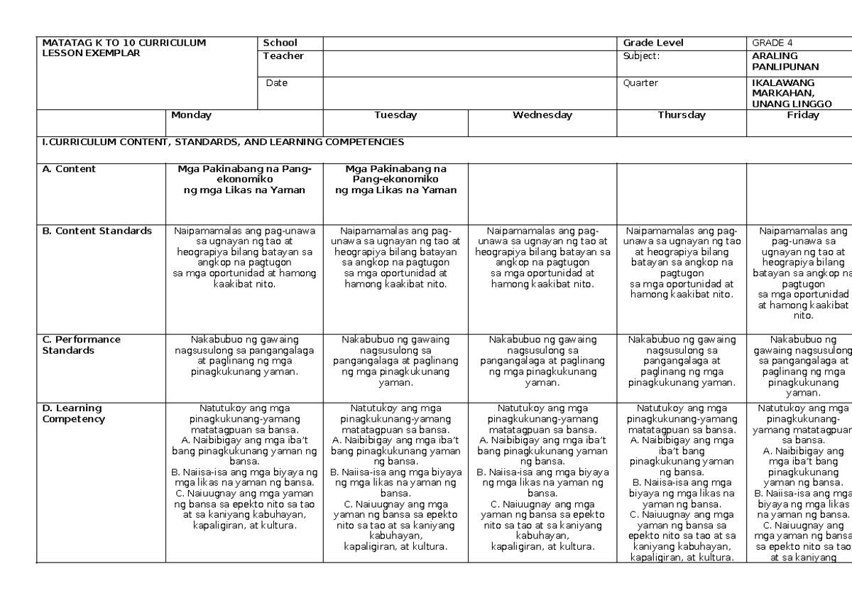 Grade 4 Q2W1 Matatag Lesson Plan on Economic Benefits of Natural ...