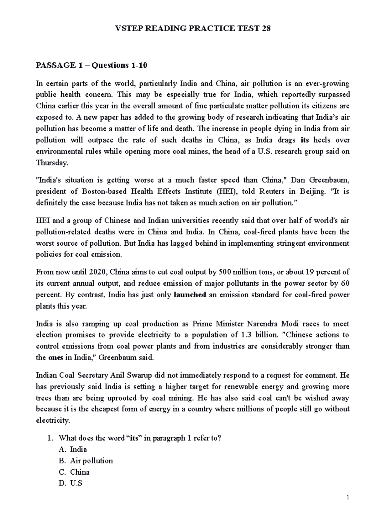 Vstep Reading Practice TEST 28 - VSTEP READING PRACTICE TEST 28 PASSAGE ...