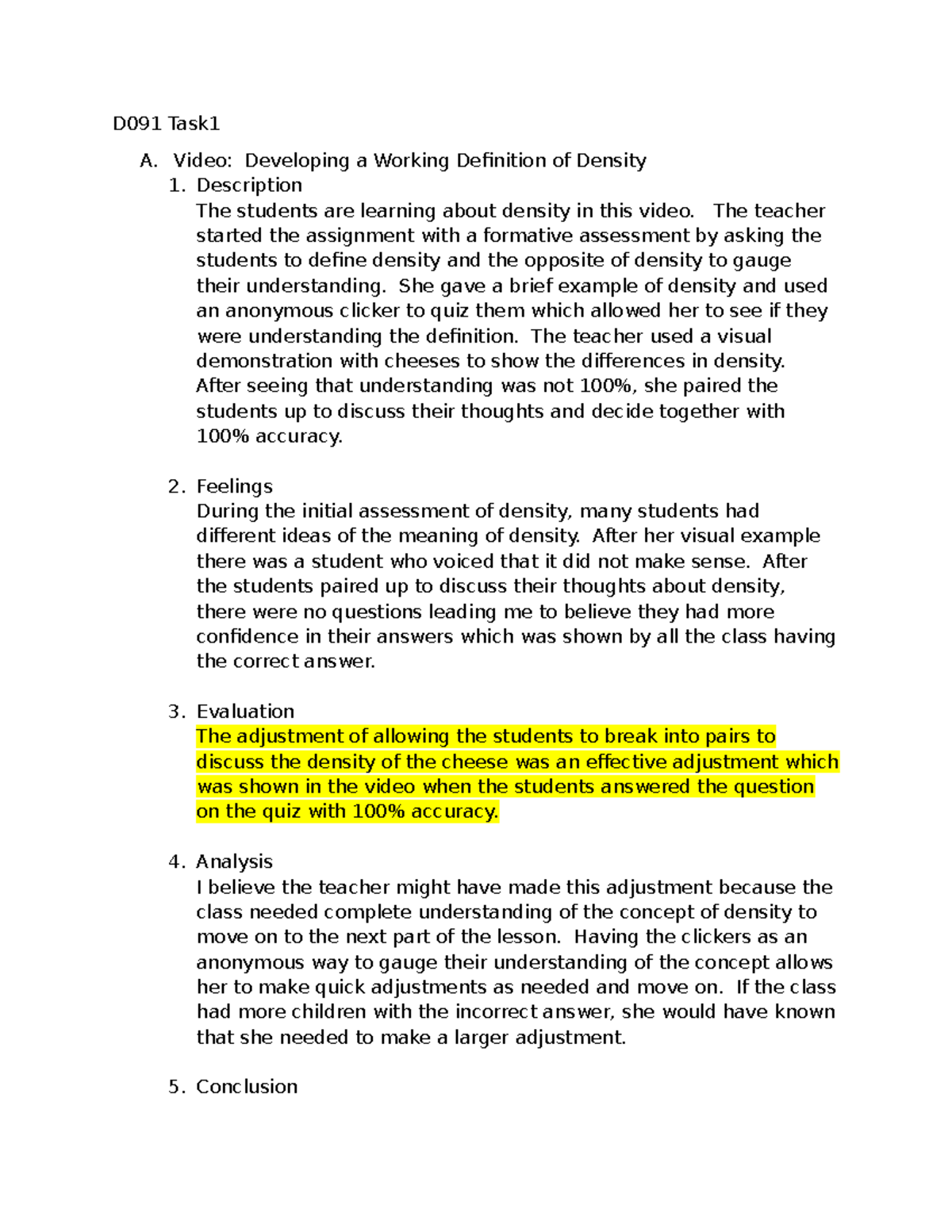 Task 1 - Passed - D091 Task A. Video: Developing a Working Definition of Density 1. Description ...