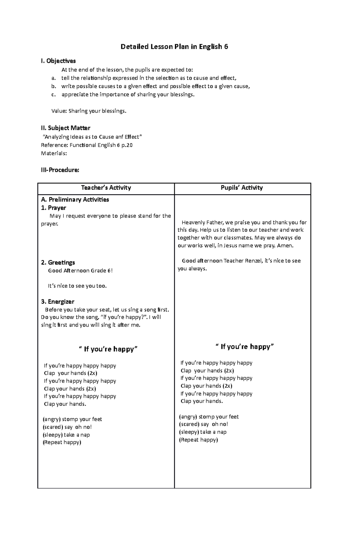 Detailed Lesson Plan in English 6 Cause and effect - Detailed Lesson ...