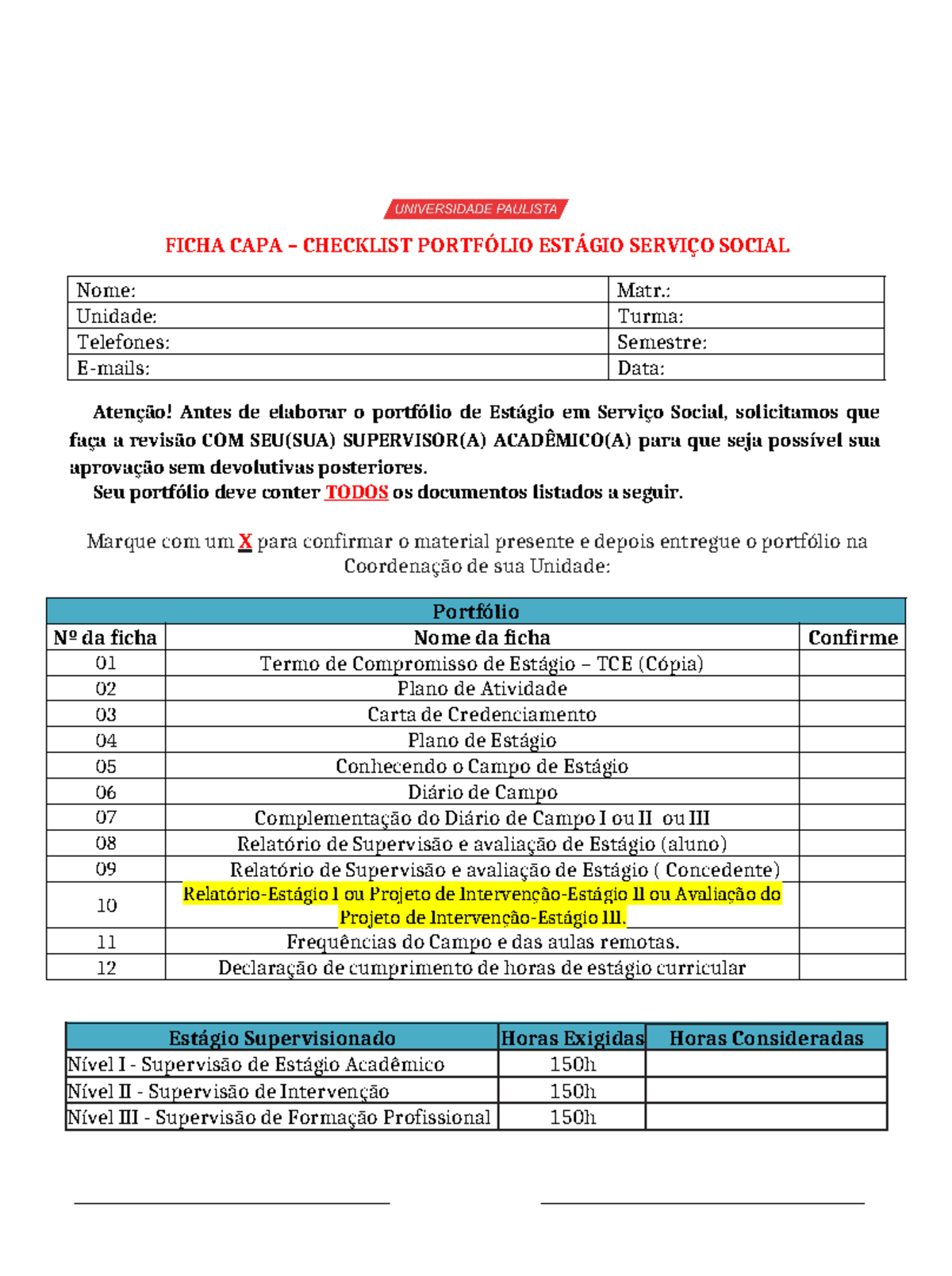 Ficha Capa - Checklist Portfólio Estágio Serviço Social - Estágio ...