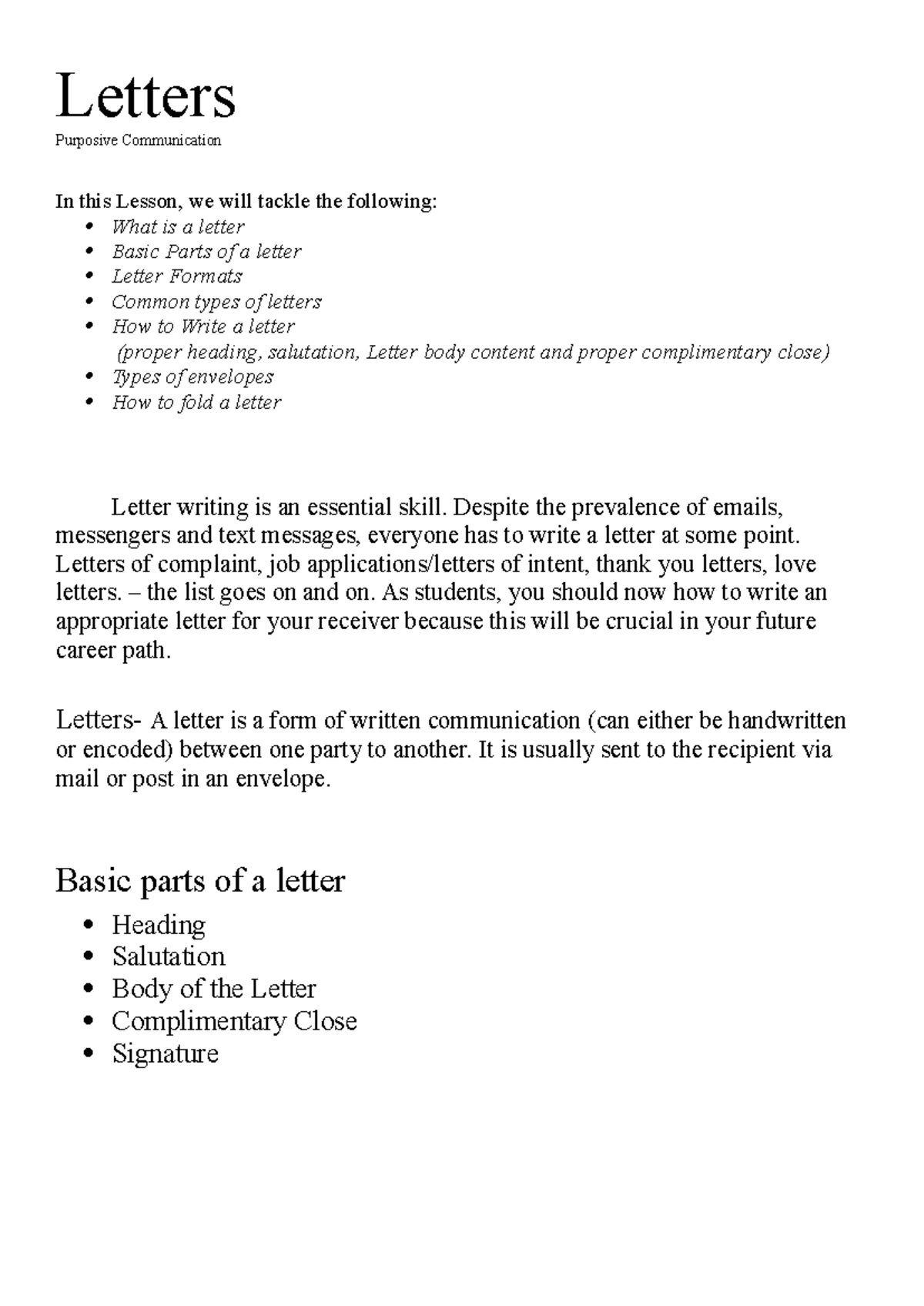 Letters Part 1 - Essential Components of Effective Letter Writing - Studocu