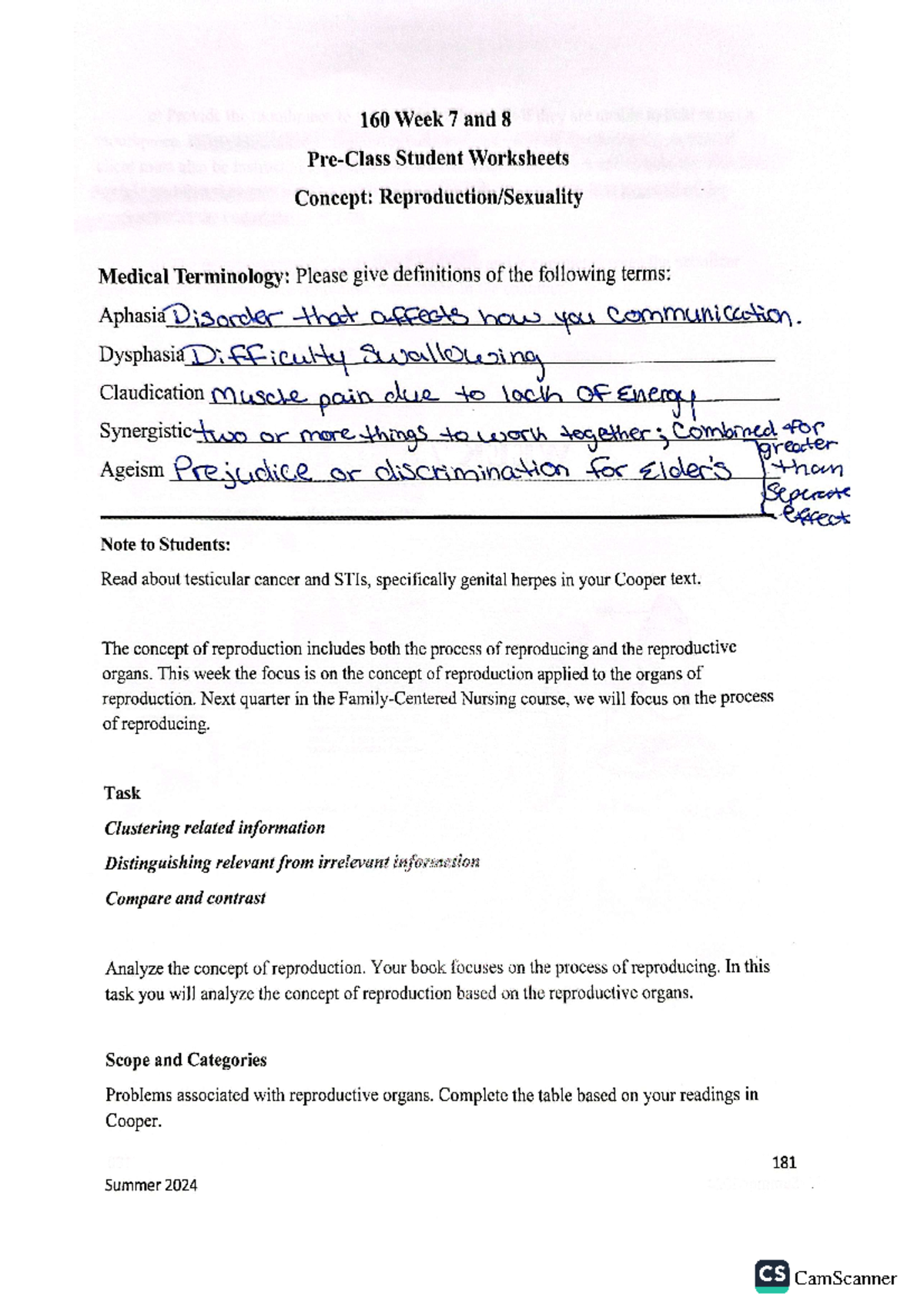 CS 160 Week 7-8 Medical Terminology & Reproductive Health Worksheets - Studocu