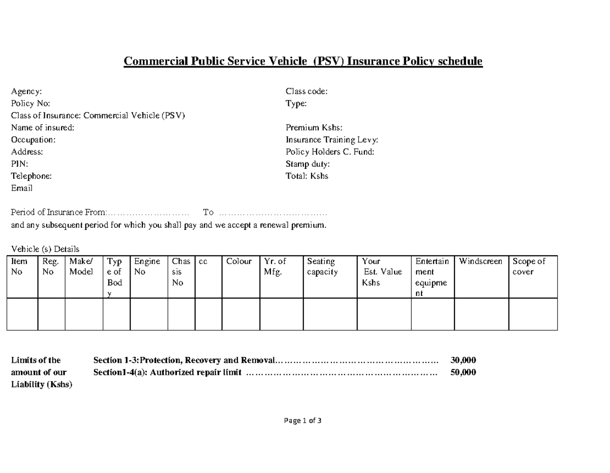Commercial PSV Insurance Policy Schedule Overview - Studocu