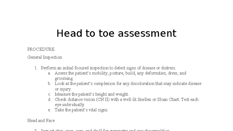 Head to Toe Assessment Procedure: Comprehensive Guide - Studocu