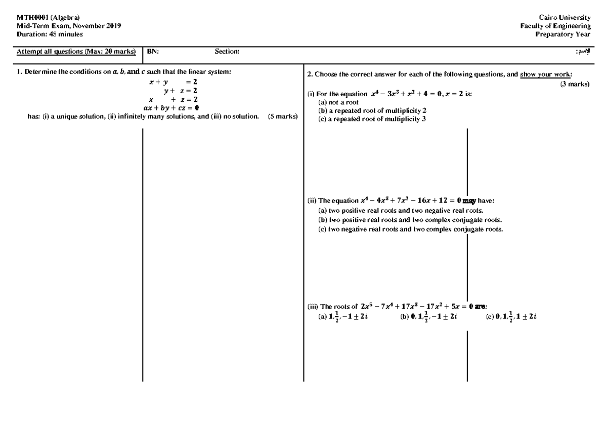 Algebra Midterm Exam BN: November 2019 - Cairo University - Studocu