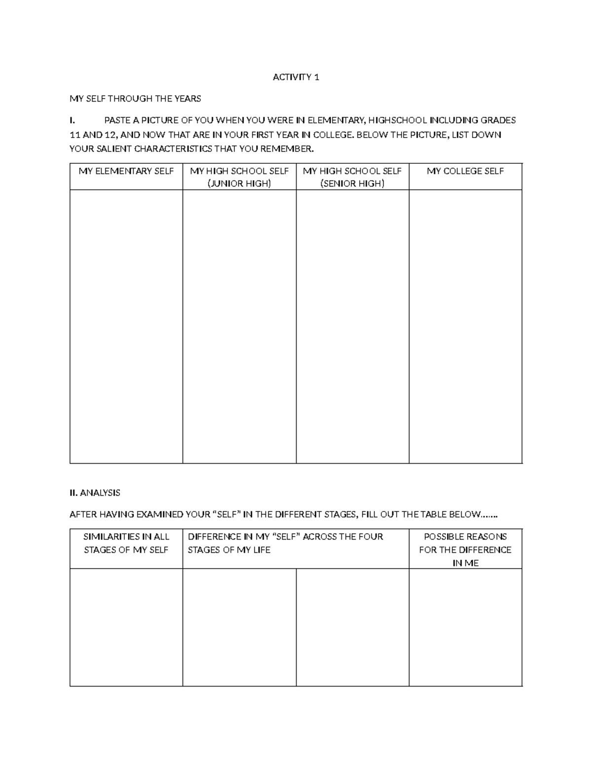 Activity 1: My Self Through the Years - Personal Growth Reflection ...