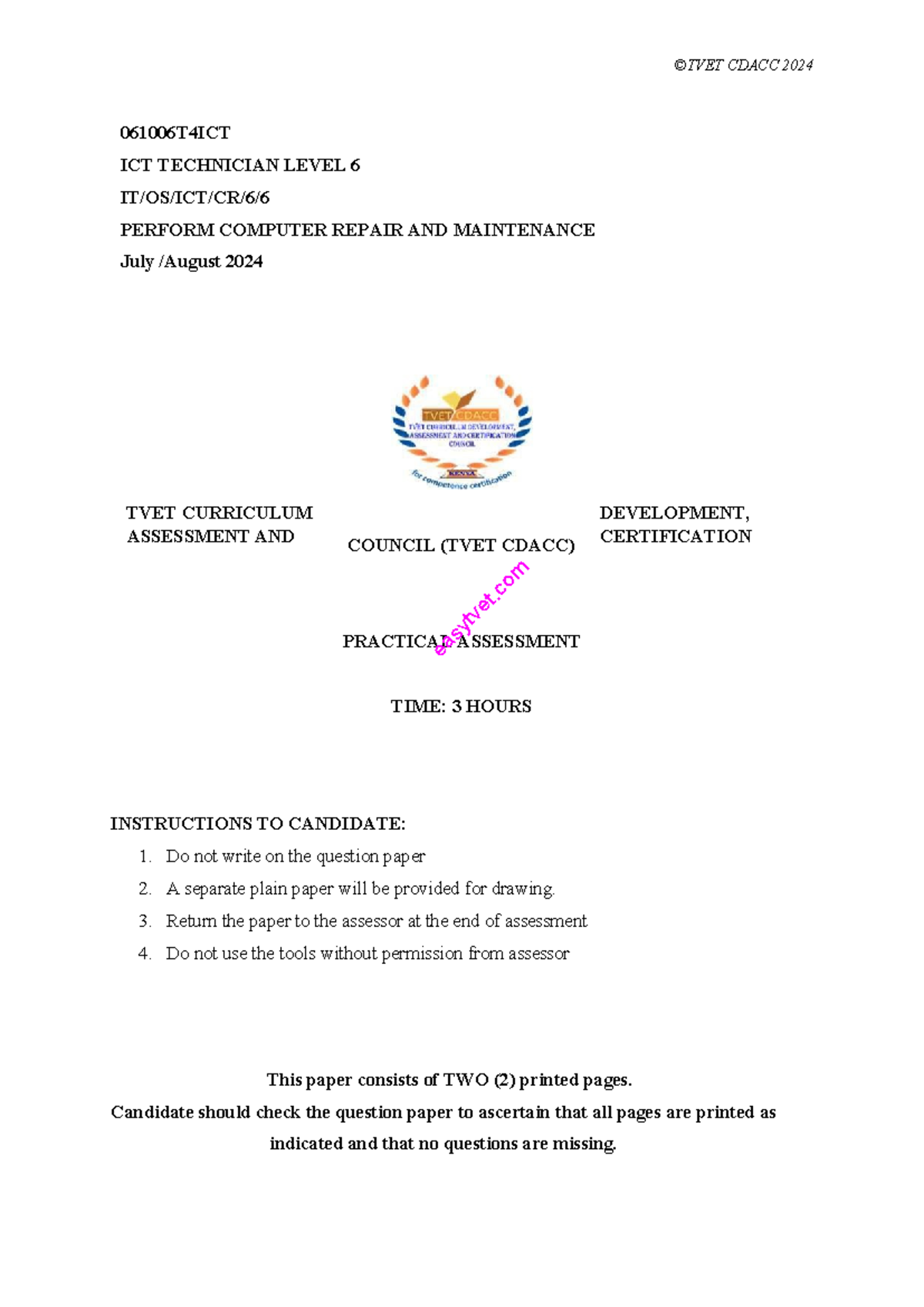 CDACC 2024 ICT Technician Level 6: Computer Repair & Maintenance Exam ...