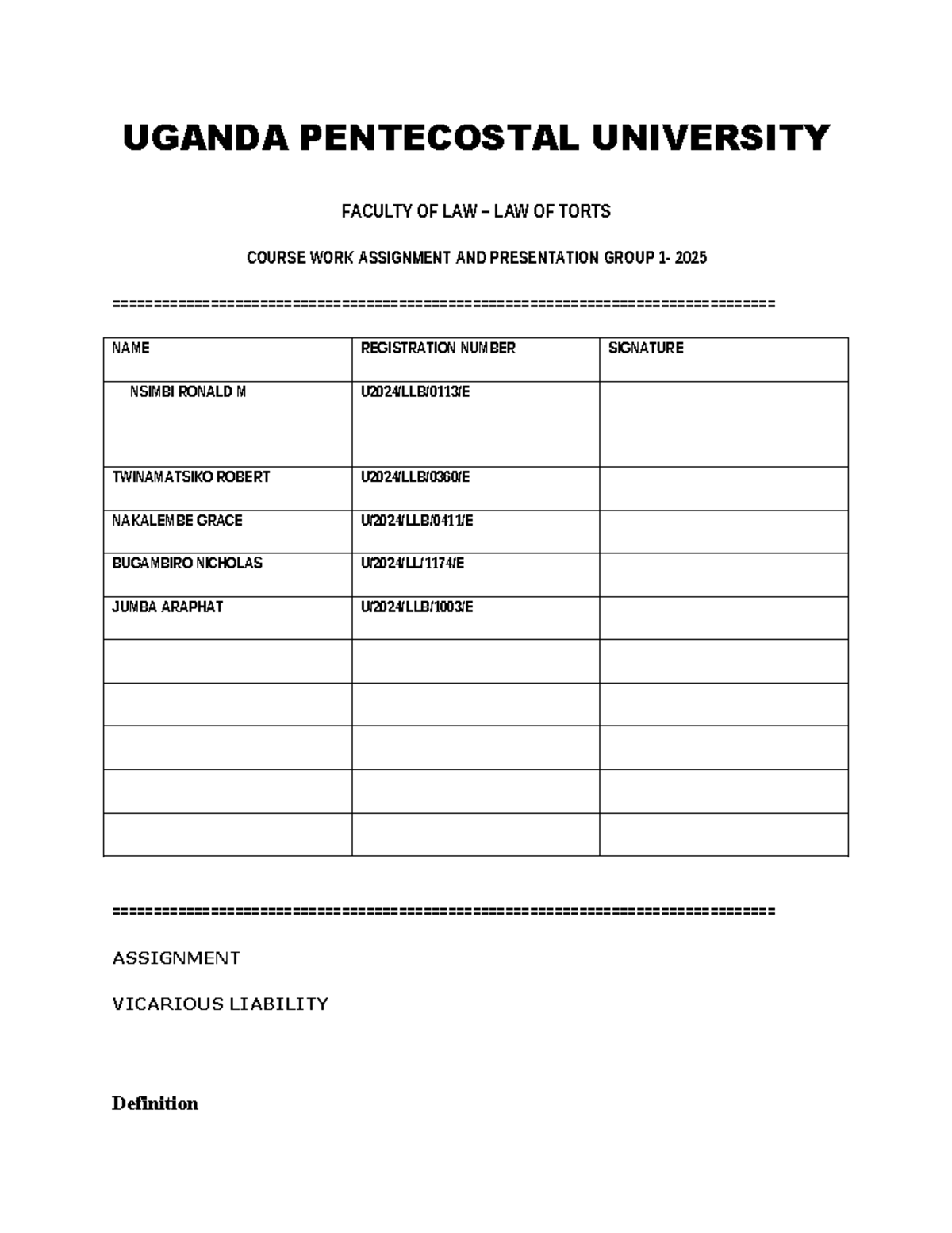 Vicarious Liability - Law of Torts Coursework (Group 2025) - Studocu