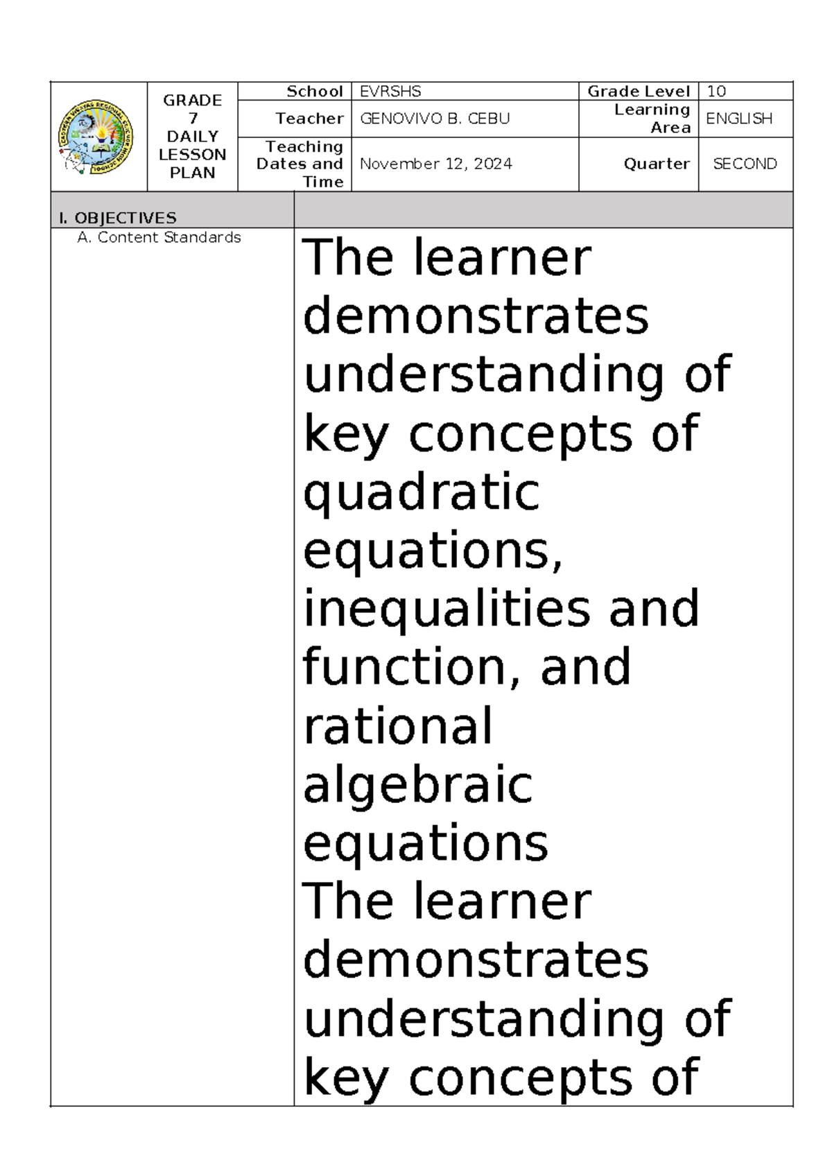DLP 11-12 - English 10 Daily Lesson Plan for Quarter 2 - Studocu