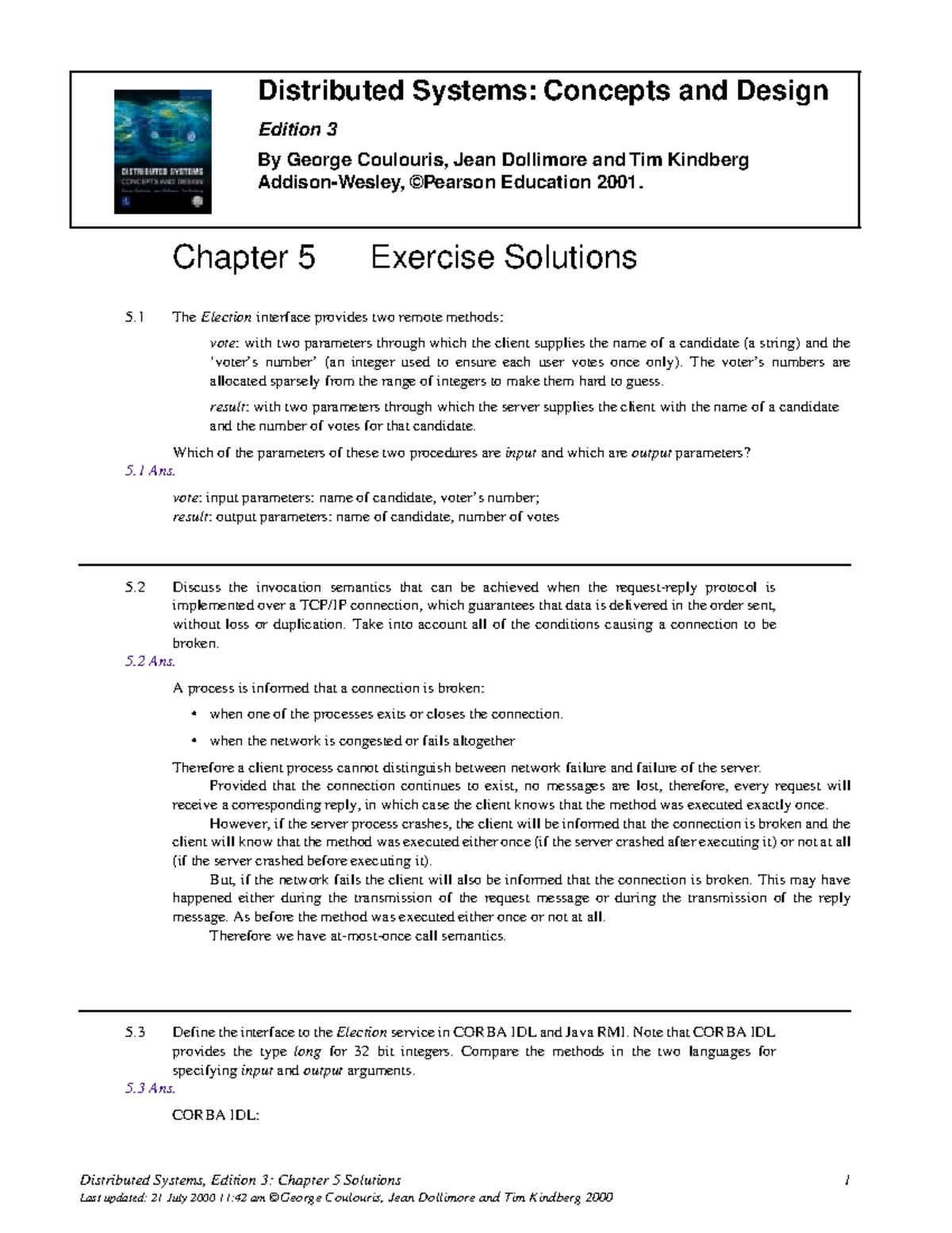 Chapter 5 solutions - Distributed Systems, Edition 3: Chapter 5 ...