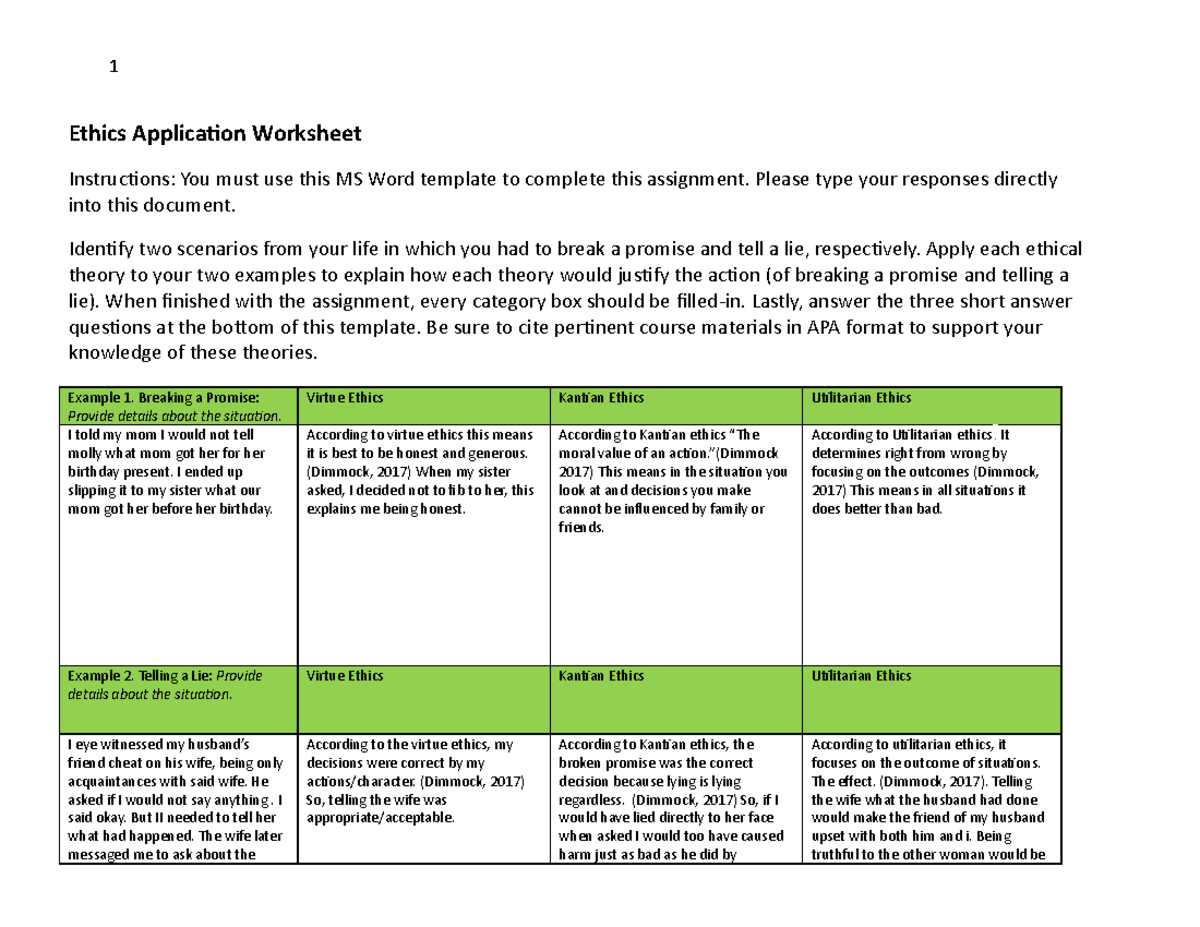 Ethics Application Worksheet: Analyzing Lying and Promise-Breaking ...