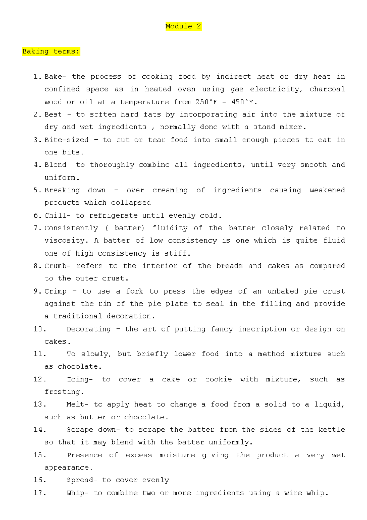 Bread and Pastry Module 2 - Module 2 Baking terms: Bake- the process of ...