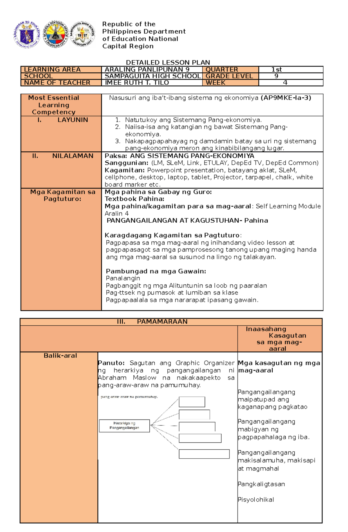 DLP AP9 WEEK 4 - Araling Panlipunan Lesson Plan on Economic Systems ...