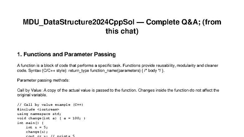 MDU Data Structure 2024 C++ Solutions: Functions, OOP, and More - Studocu