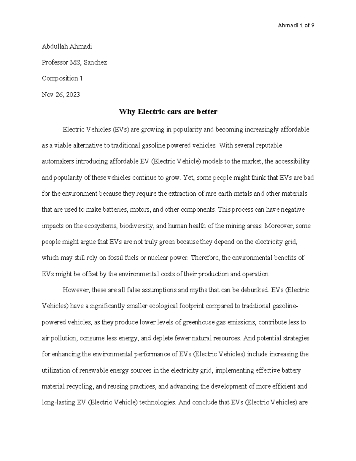 Persuasive Essay Final Draft - Abdullah Ahmadi Professor MS, Sanchez ...