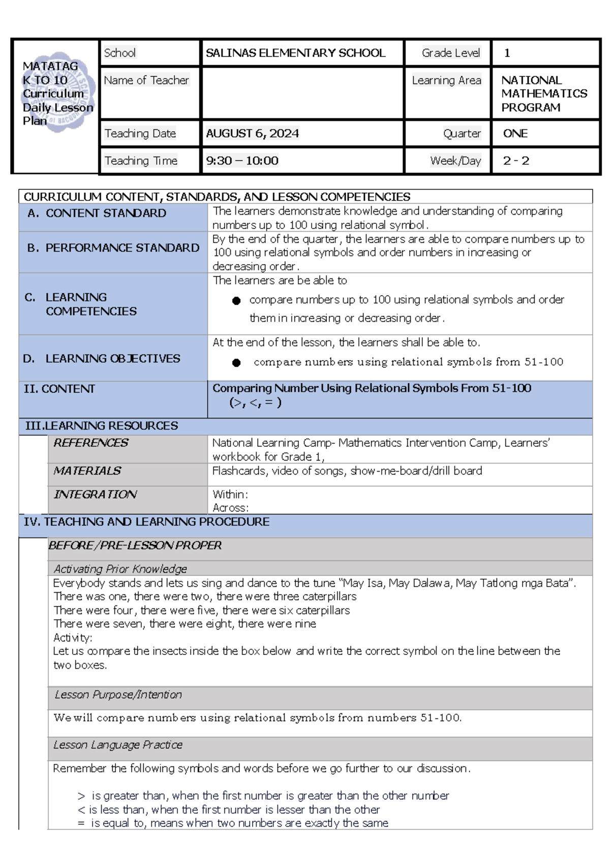 DLP-NMP-W2-D2: Daily Lesson Plan for Comparing Numbers in Grade 1 - Studocu