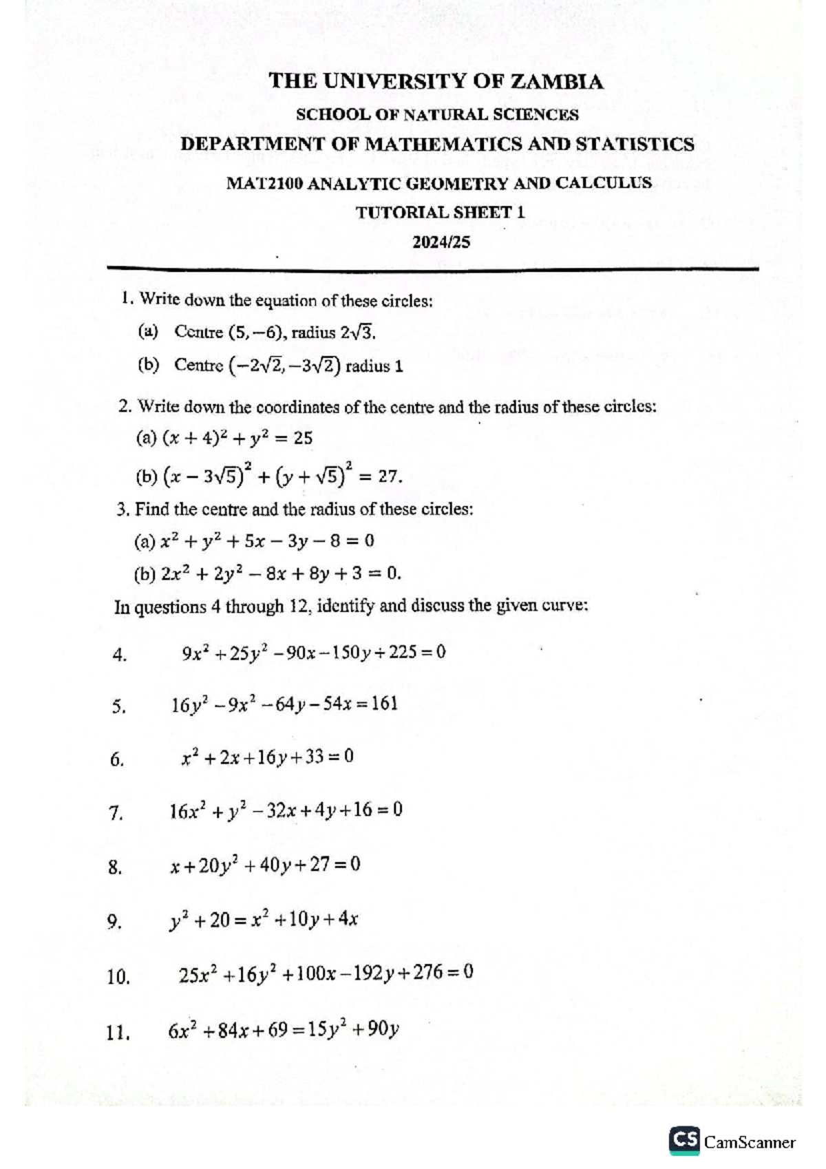 MAT2100 Analytic Geometry & Calculus Tutorial Sheet 1 - Studocu