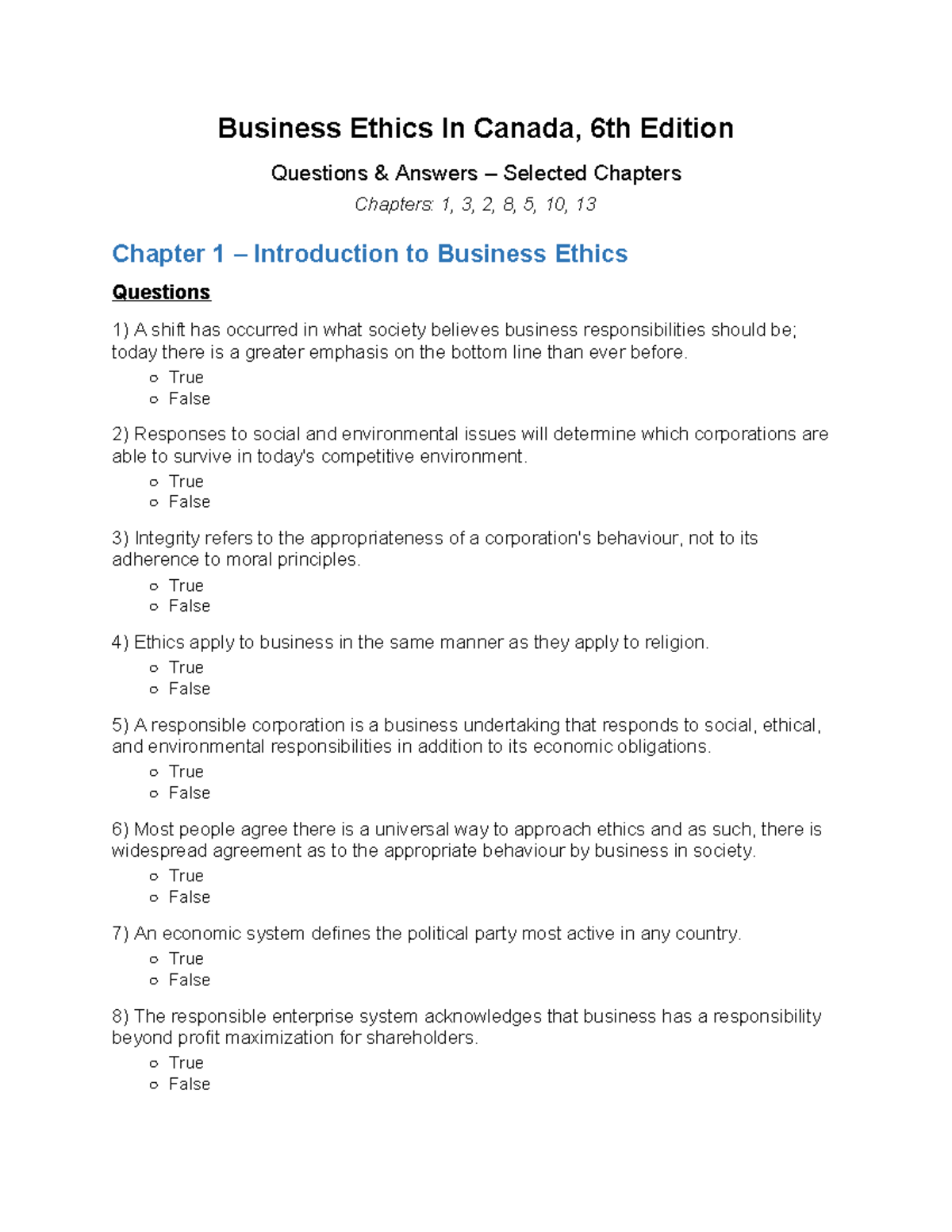 Business Ethics in Canada: Final Review Questions (Chapters 1, 2, 3, 5 ...