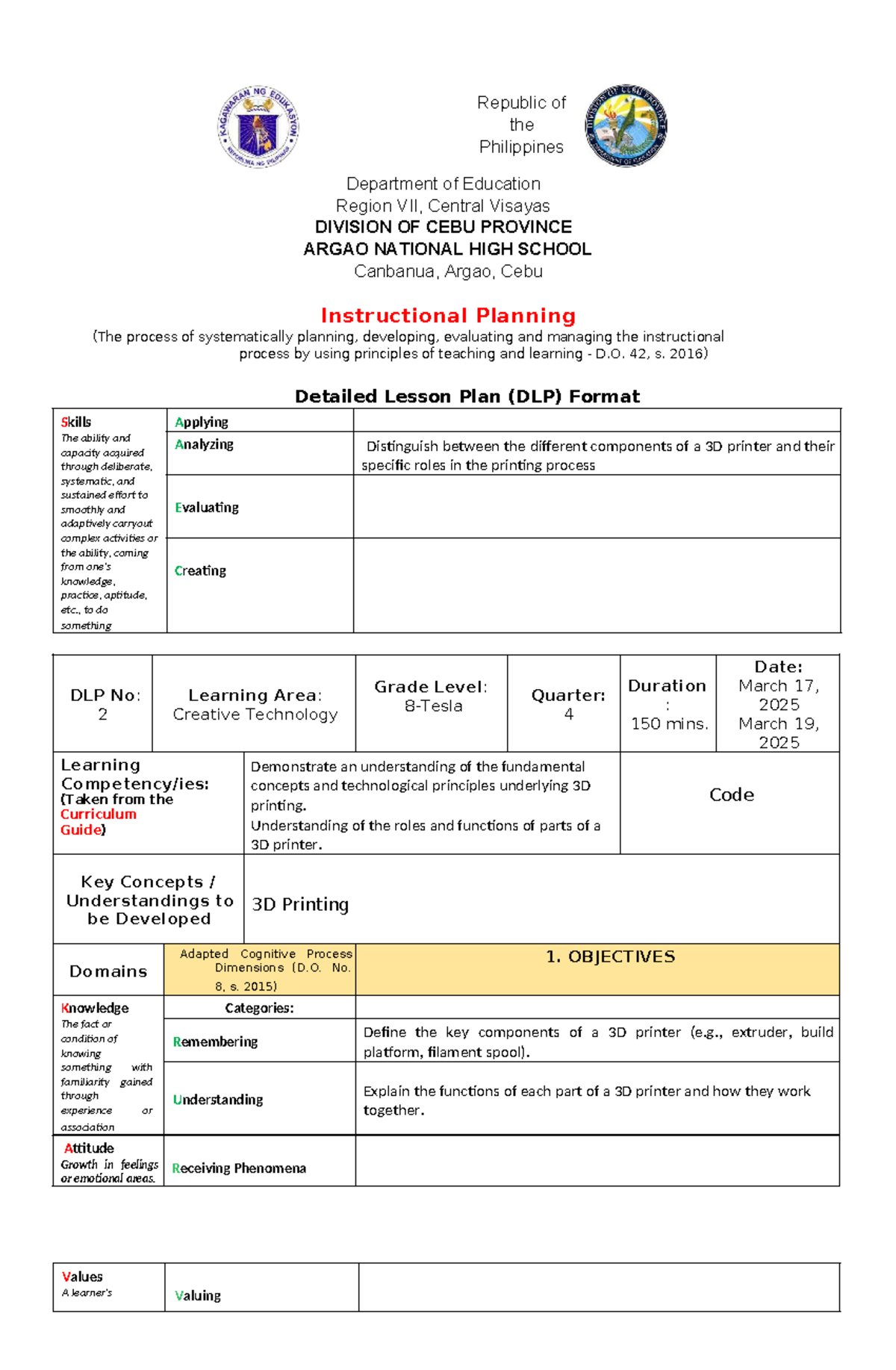 DLP No. 2: Detailed Lesson Plan on 3D Printing (Creative Tech) - Studocu