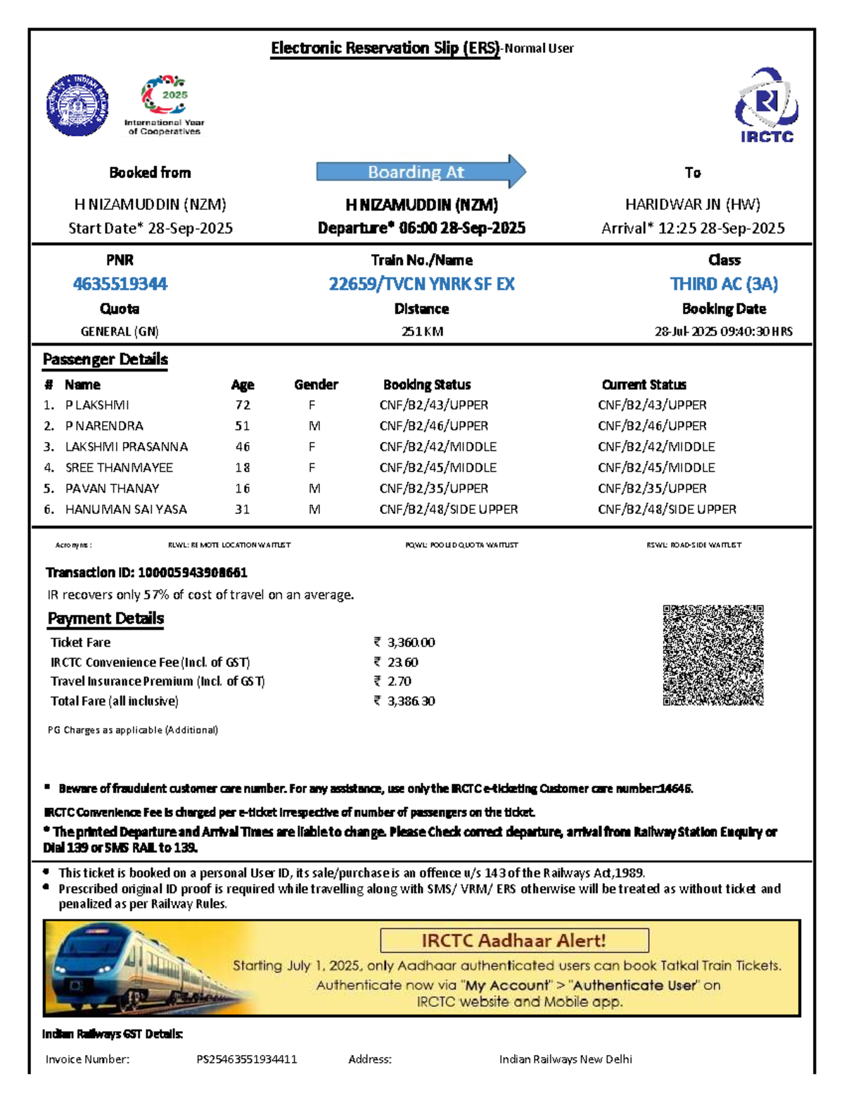 Electronic Reservation Slip for Train 4635519344 - NZM to HW - Studocu