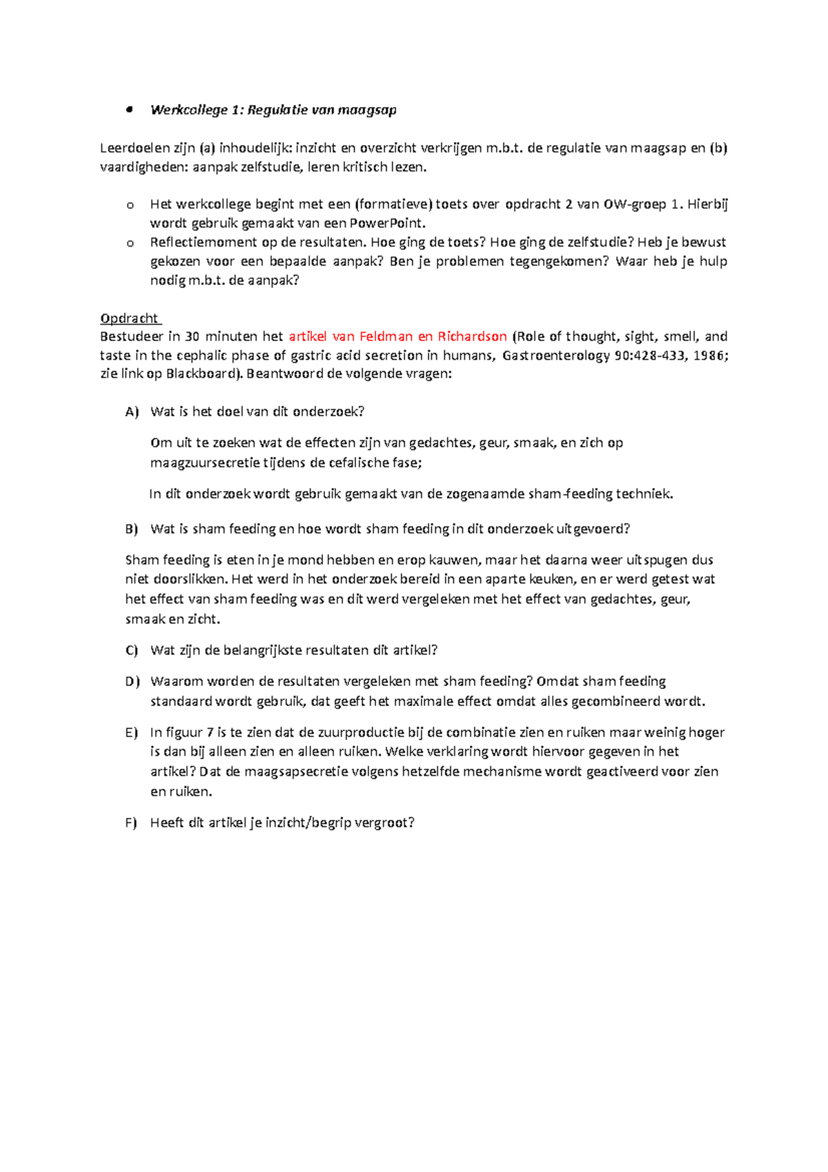 Werkcollege 1: Regulatie van Maagsap voor 101 - Oefeningen en Reflectie ...