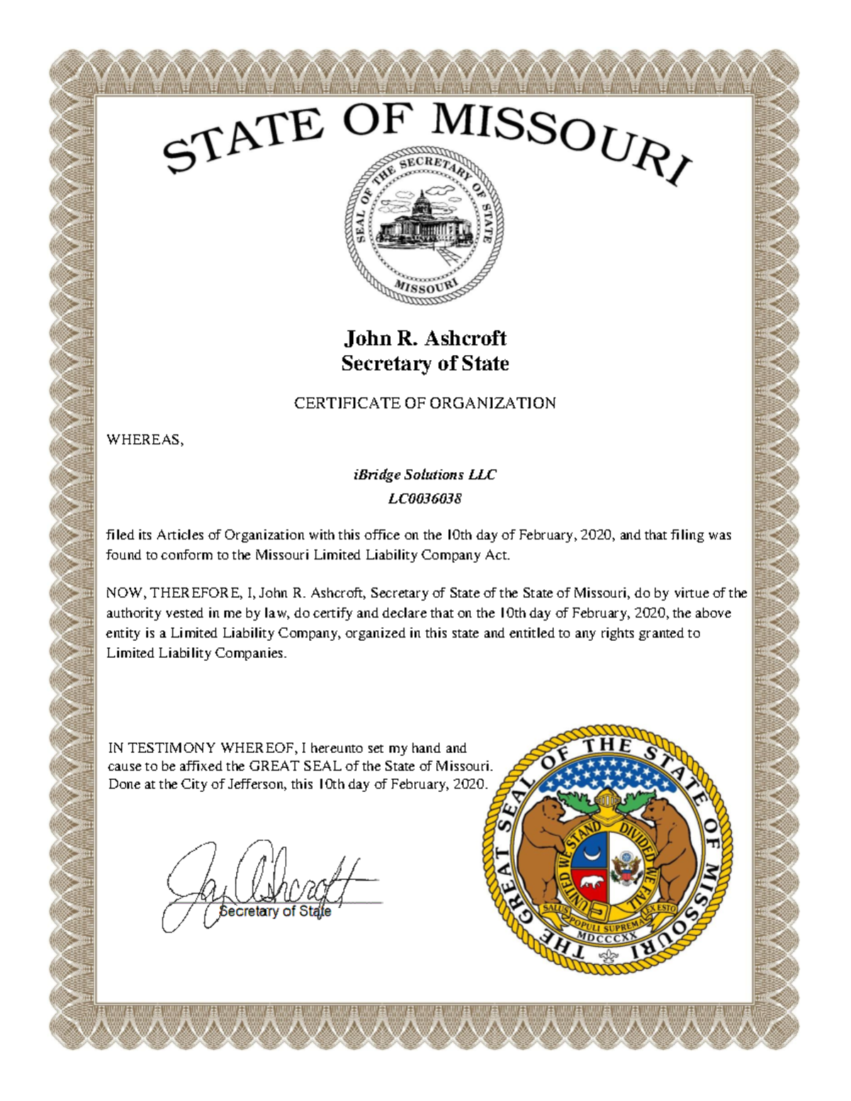 Certificate of Organization for iBridge Solutions LLC LC0036038 - Studocu