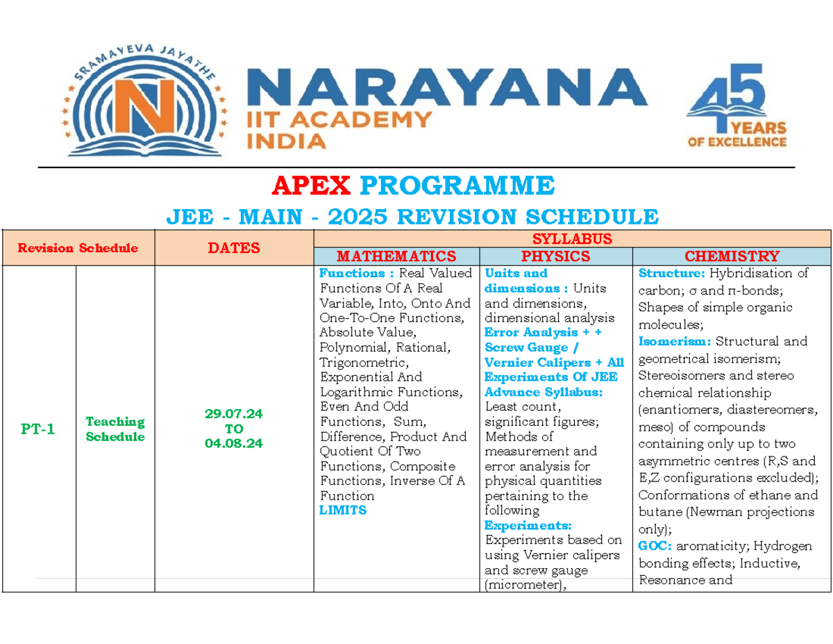 APEX JEE MAIN 2025 Comprehensive Revision Schedule - Studocu