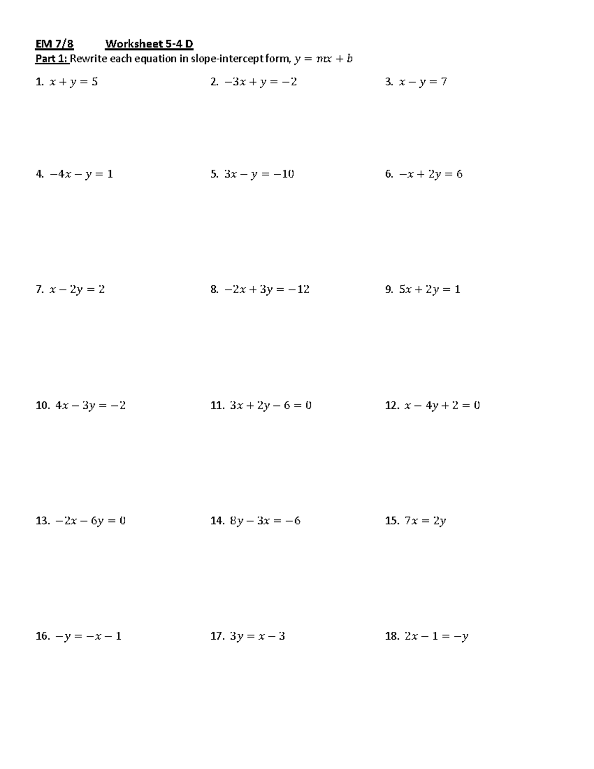 EM 7 8 LG 5-4 D Writing in Slope-Intercept Form Practice HW - EM 7/8 ...