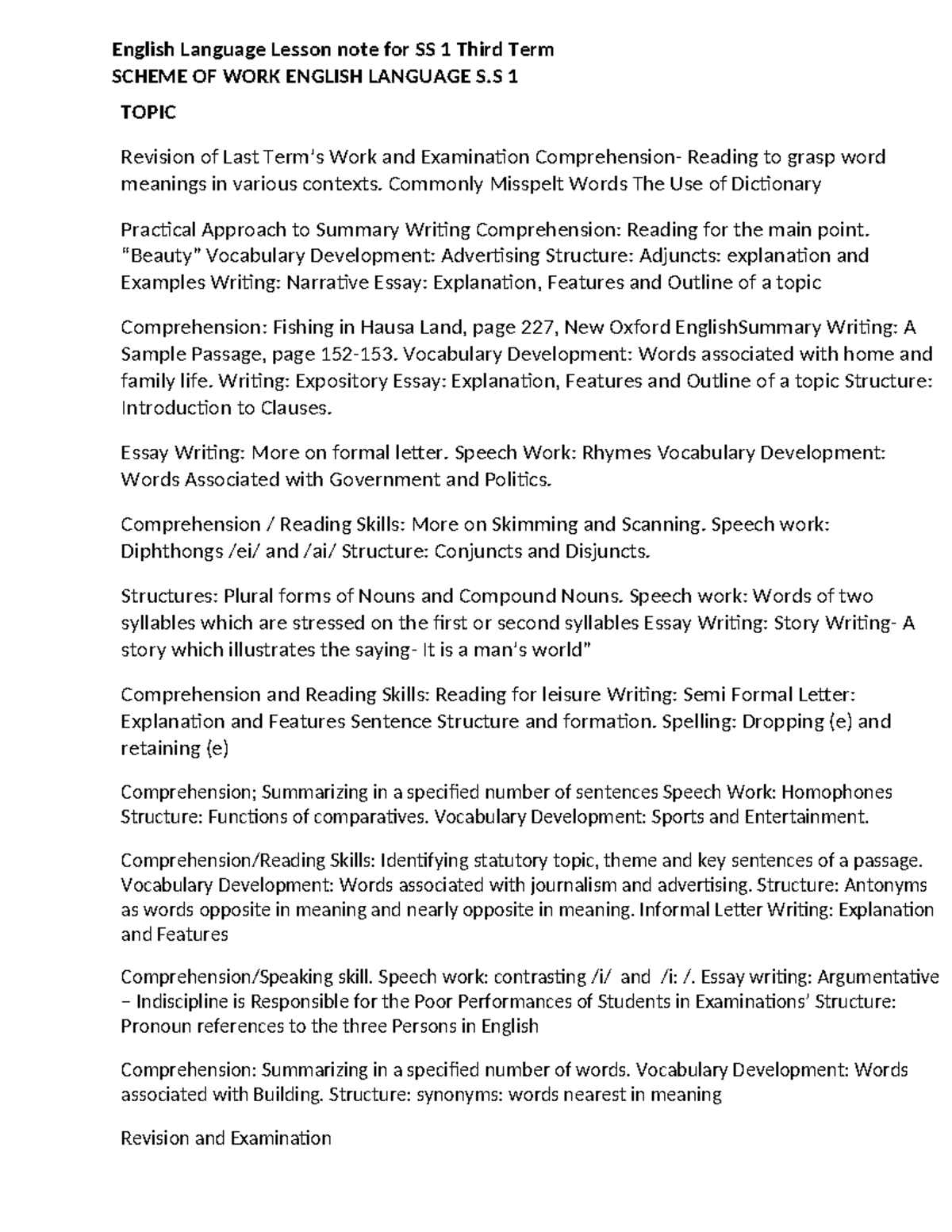 SS1 English Third Term Lesson Notes: Comprehension, Vocabulary ...