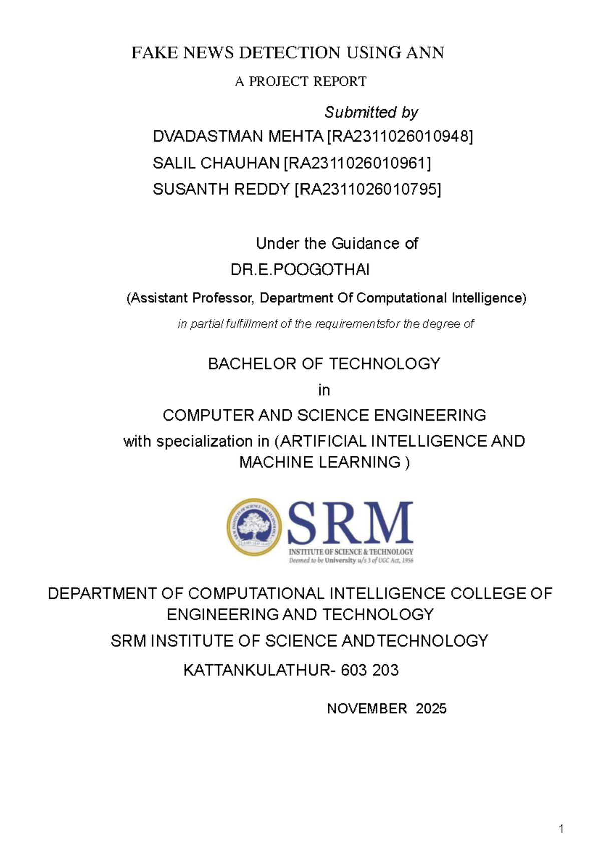 FAKE NEWS DETECTION USING ANN - BTECH CSE PROJECT REPORT - Studocu