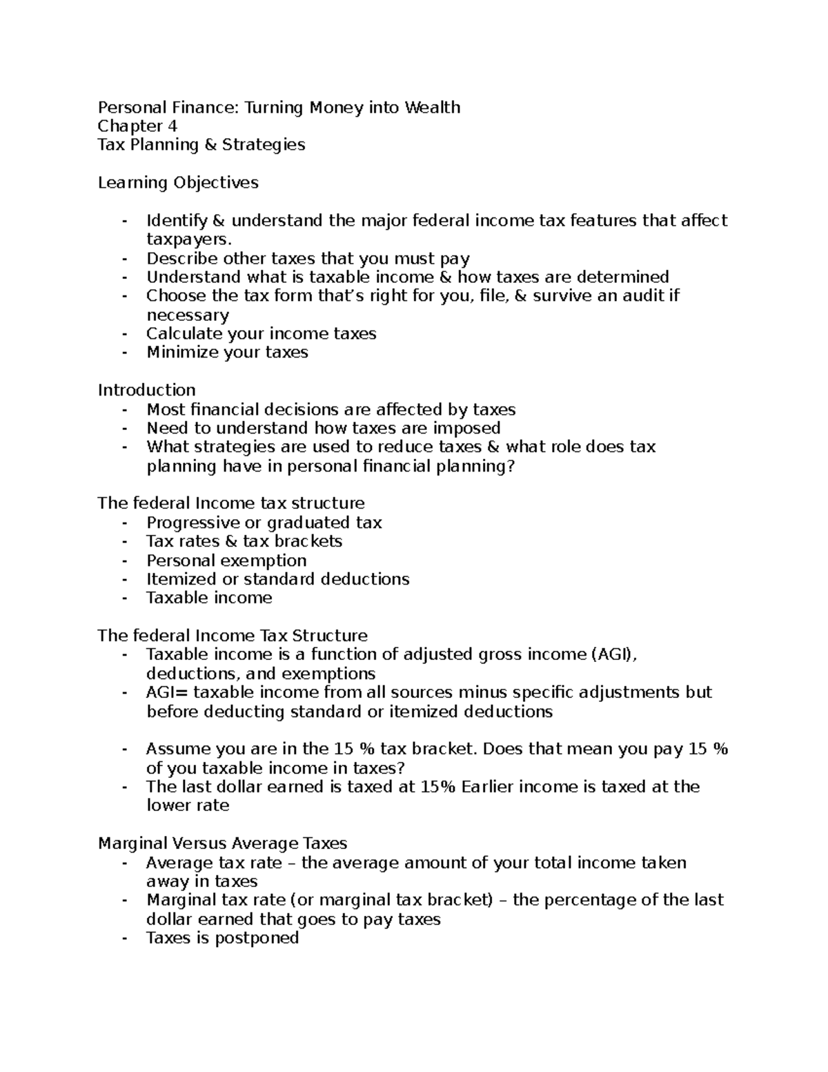 Personal Finance CH 4: Tax Planning & Strategies Insights - Studocu