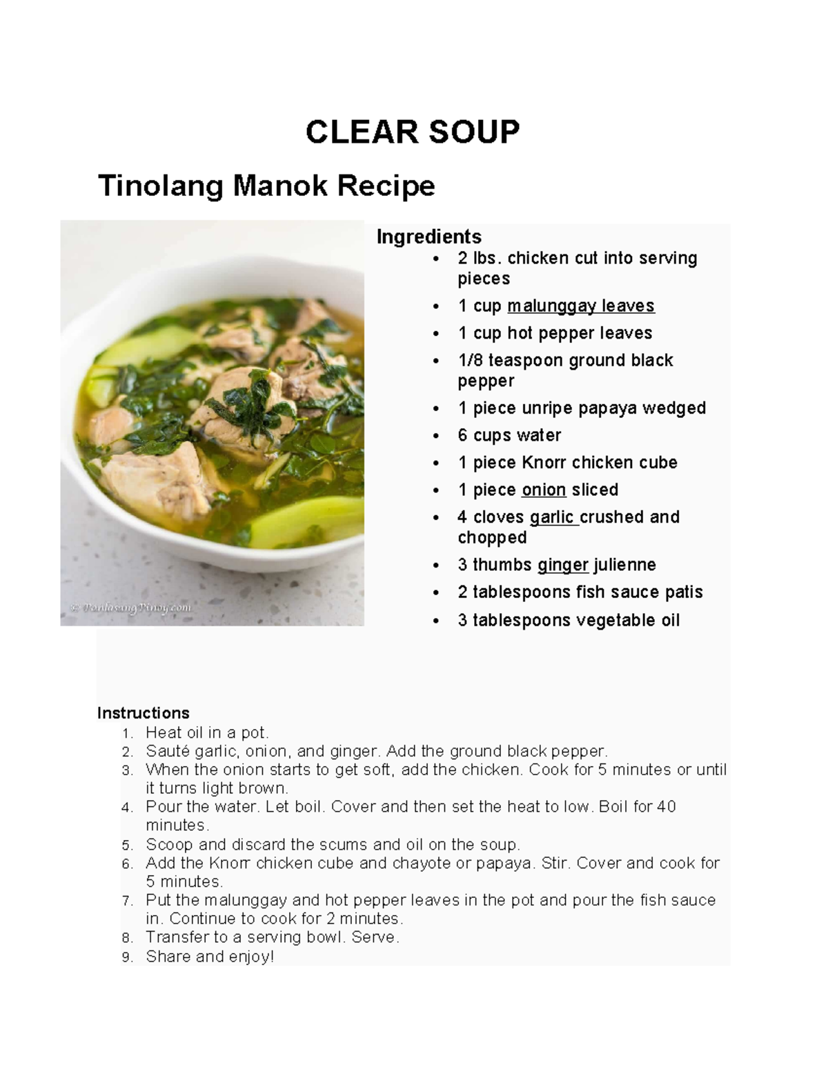 Binignit cooking - CLEAR SOUP Tinolang Manok Recipe Ingredients 2 lbs ...